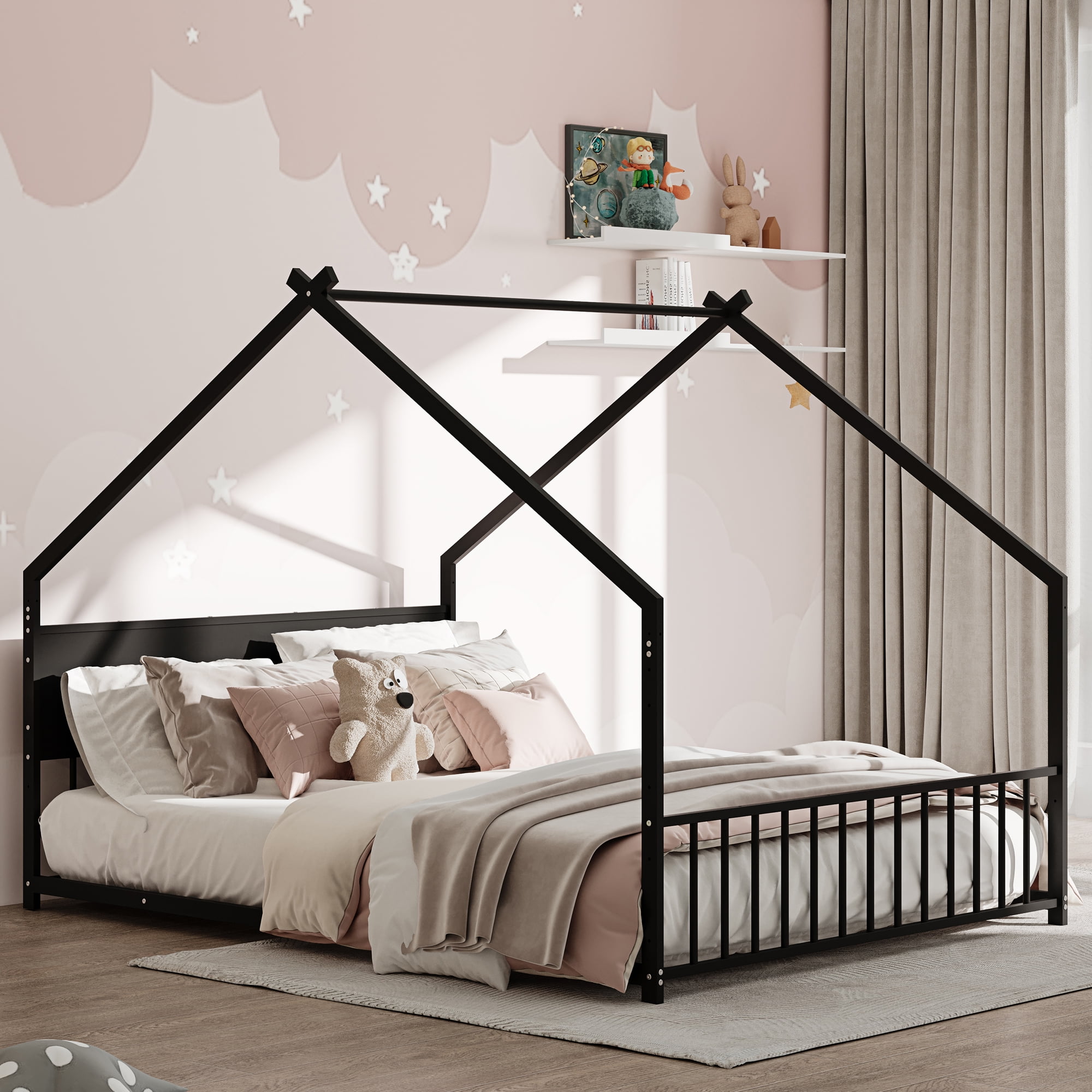 Full Size House Bed with Roof and Colorful Lights, Metal Bed Frame with ...