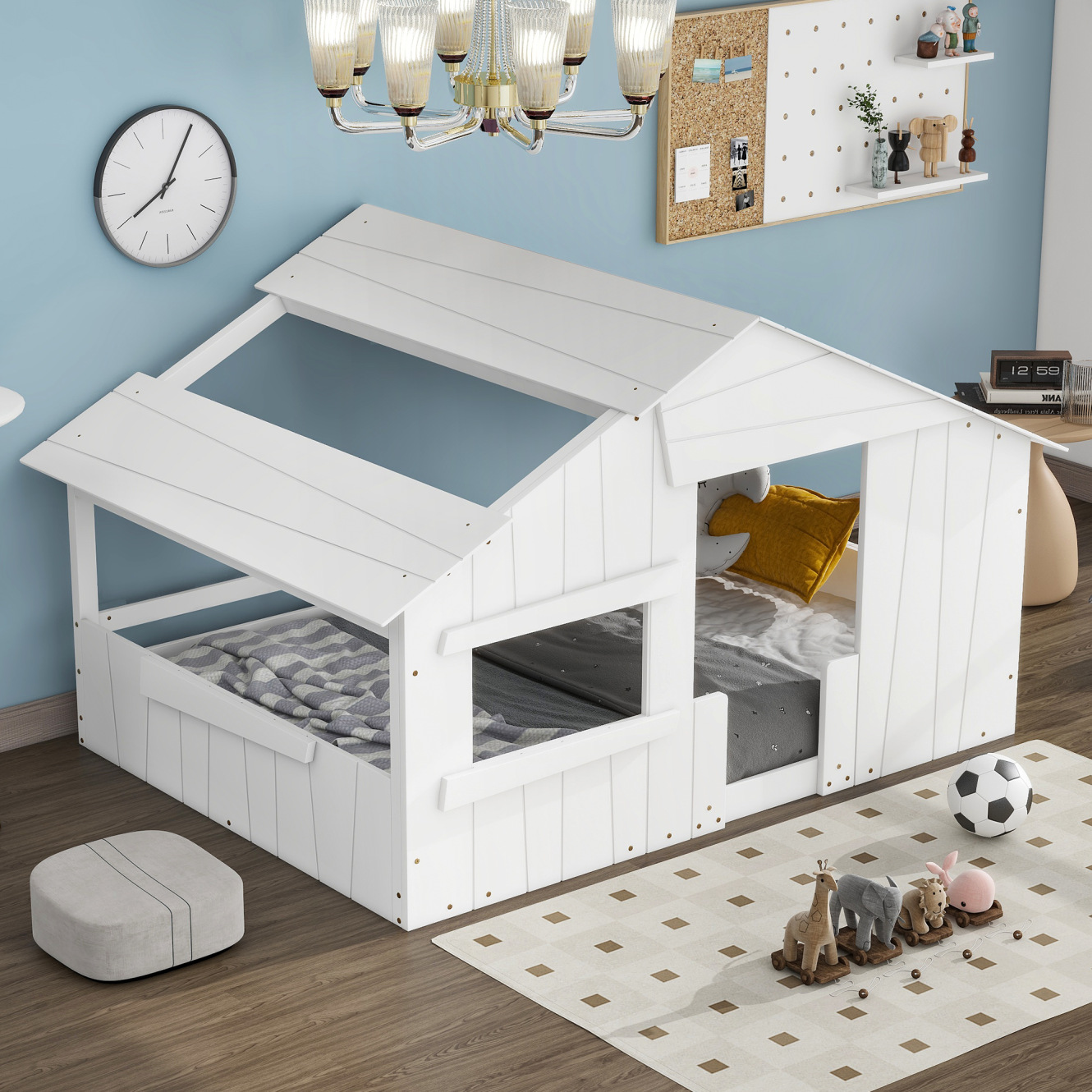 Full Size House Bed with Roof, Solid Wood Montessori Floor Bed with ...