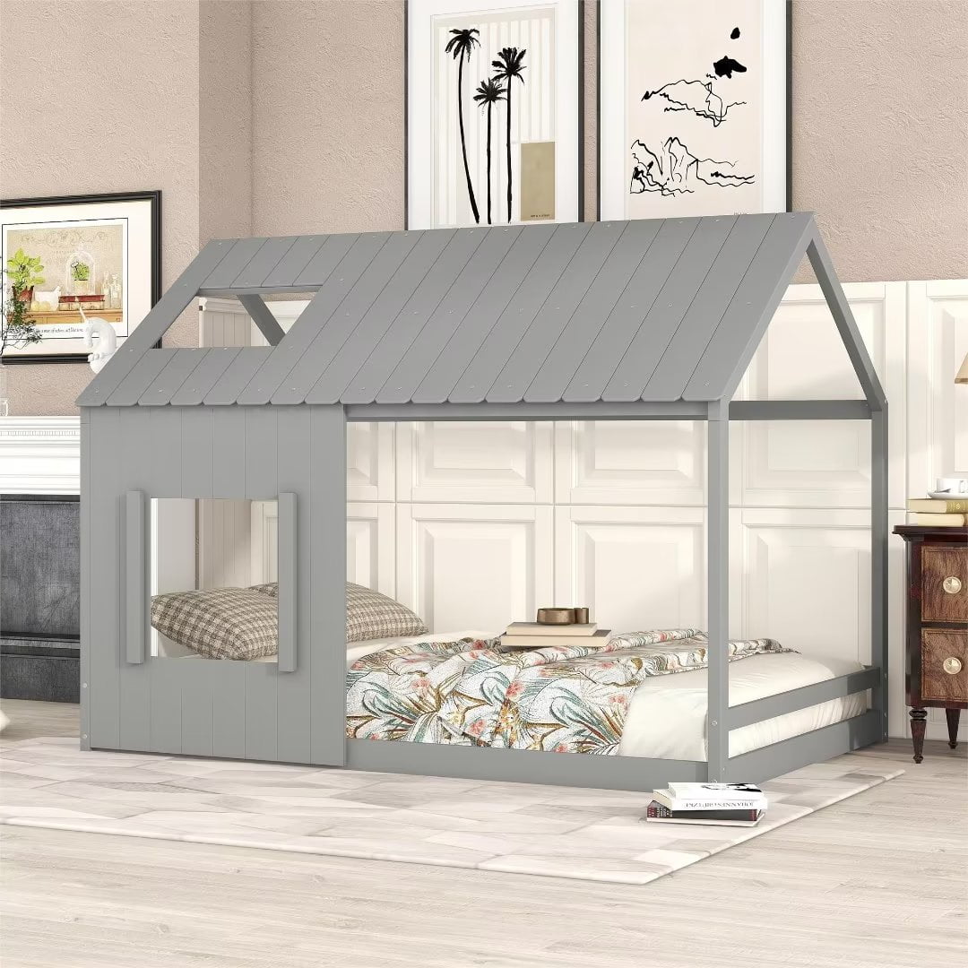 Full Size House Bed with Roof and Window, House Platform Bed Wood Floor ...