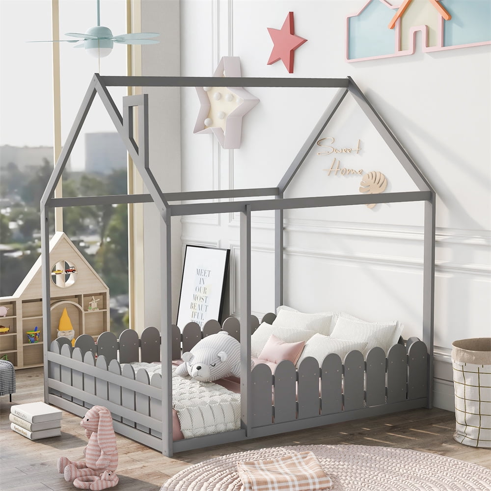 Full Size House Bed, Solid Wood House Bed Frame with Roof and Fence ...
