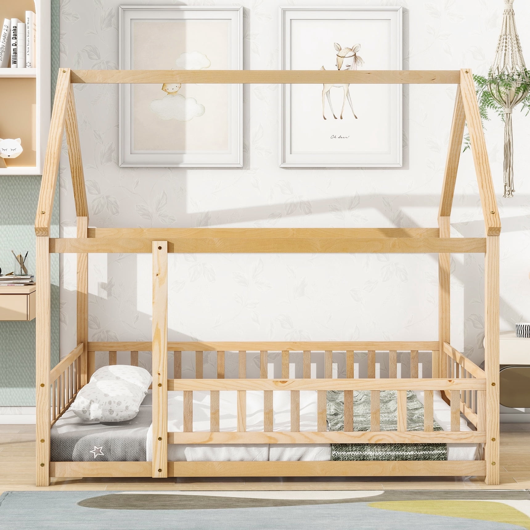 Walmart Full Size Solid Wood House Bed, Montessori Floor Bed with Roof ...