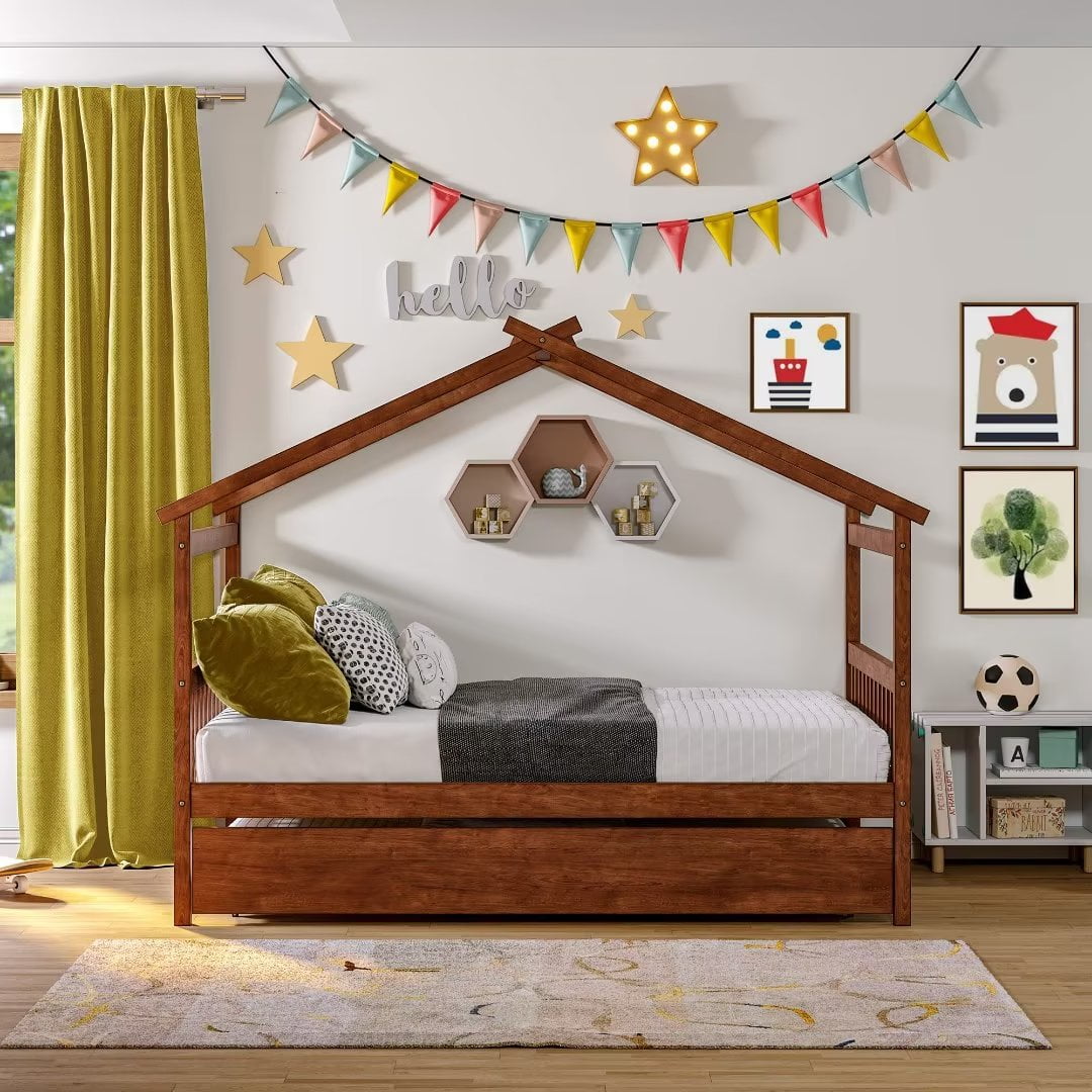 Full Size House Bed with Trundle, Montessori Floor Bed, Wooden Daybed ...