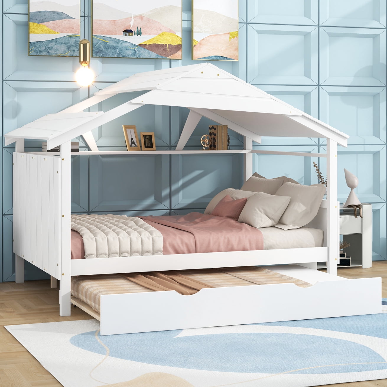 Full Size House Bed with Trundle and Storage Shelf, Wood Kids Bed Frame ...