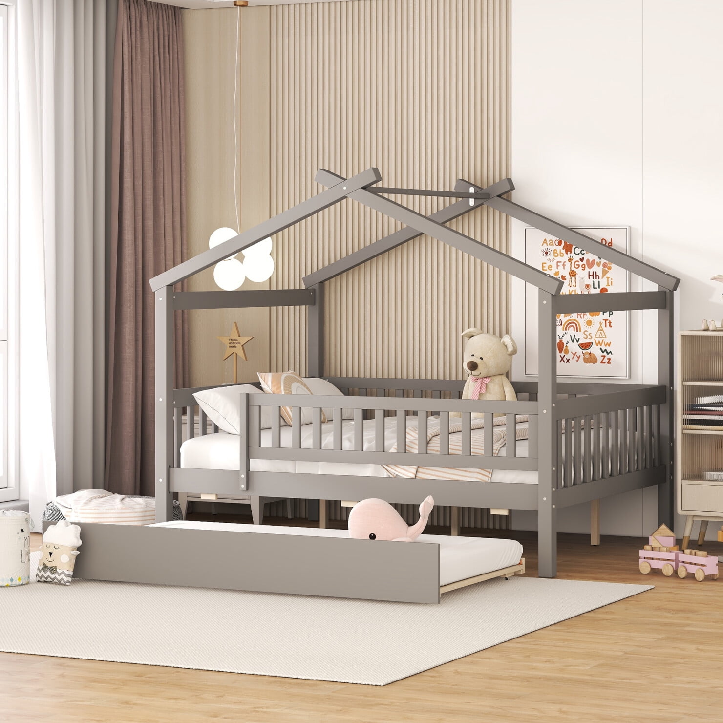 Full Size House Bed with Twin Size Trundle, Full House Bed for Kids ...