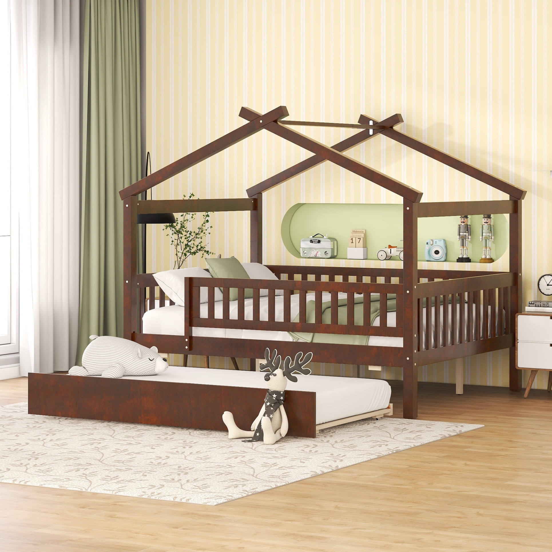 Full Size House Bed with Twin Size Trundle, Full House Bed for Kids ...