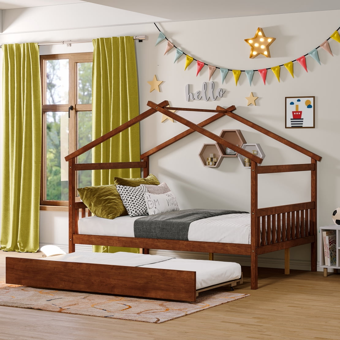 Full Size House Bed with Twin Size Trundle, Wooden Playhouse Tent Bed ...