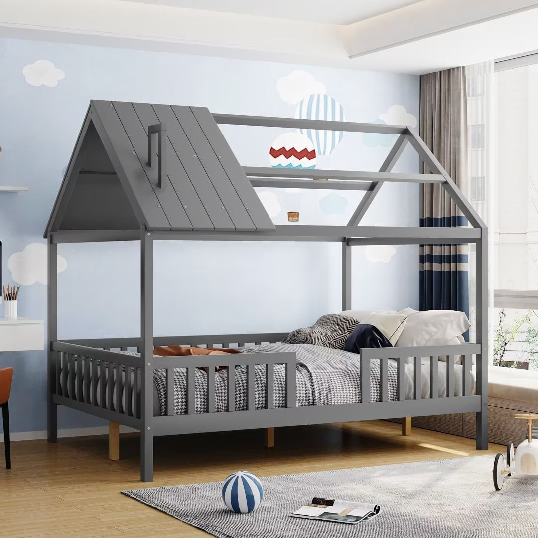 Full Size House Bed, Wood House Bed with Fence Guardrail, Montessori ...