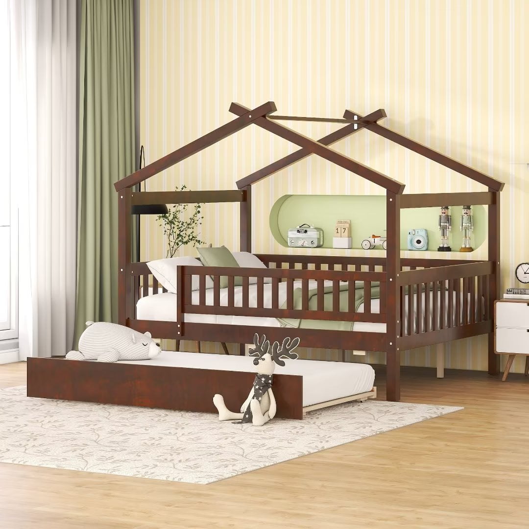 Full Size House Bed, Wood House Bed with Twin Size Trundle, Bed Frame ...