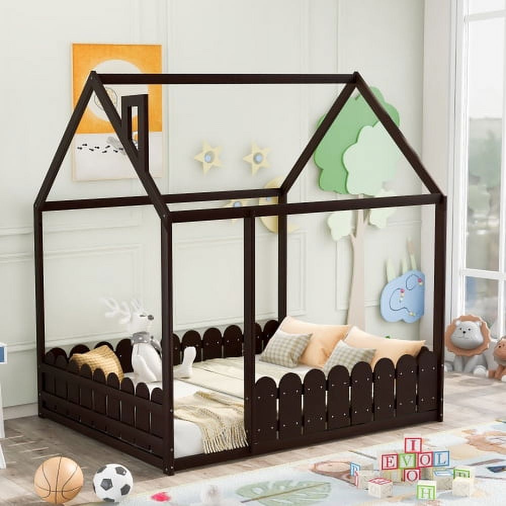 Full Size House Bed, Wooden House Bed Frame Tent Bed with Roof and ...