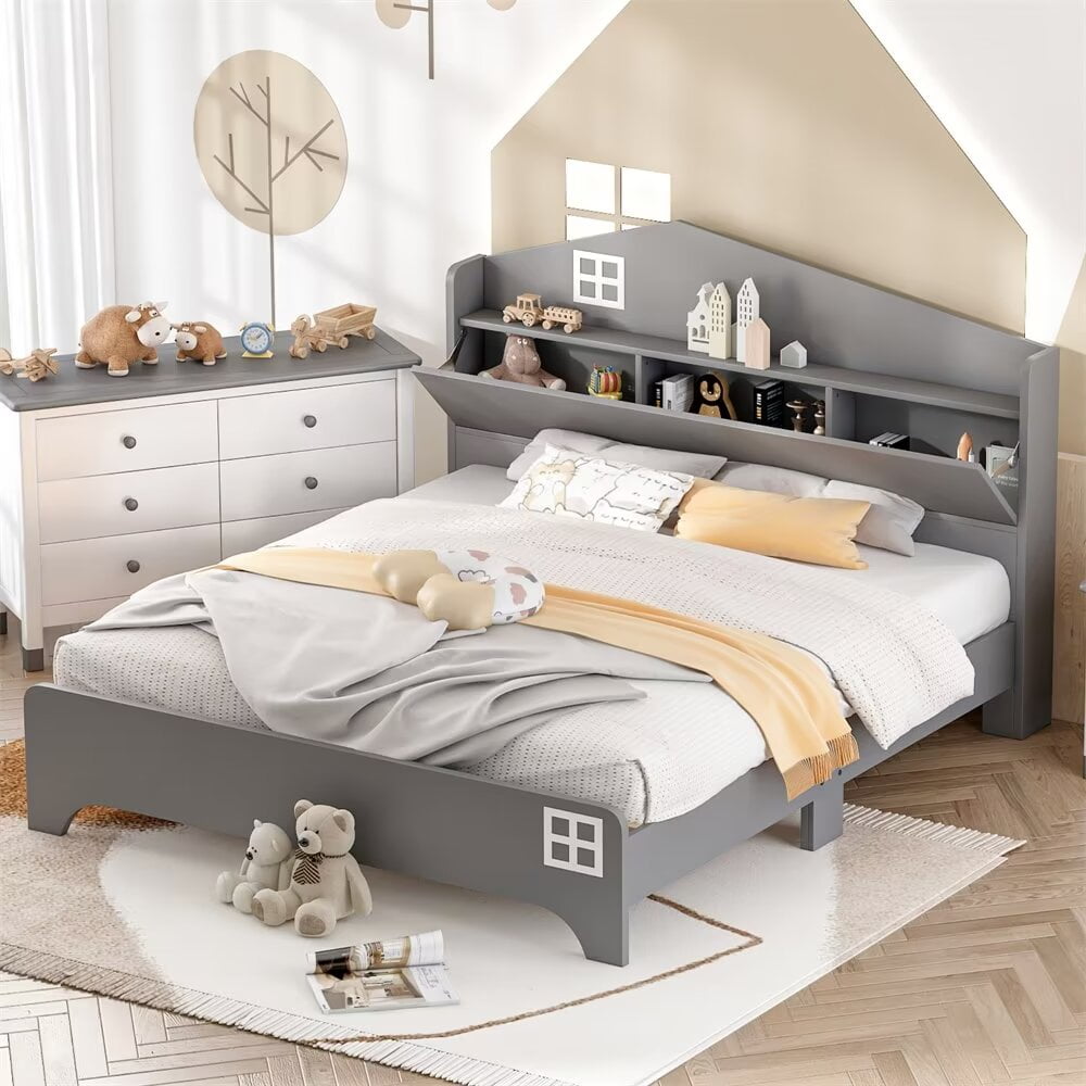 Full Size House Bed for Kids, Wooden Platform Bed Frame with Storage ...