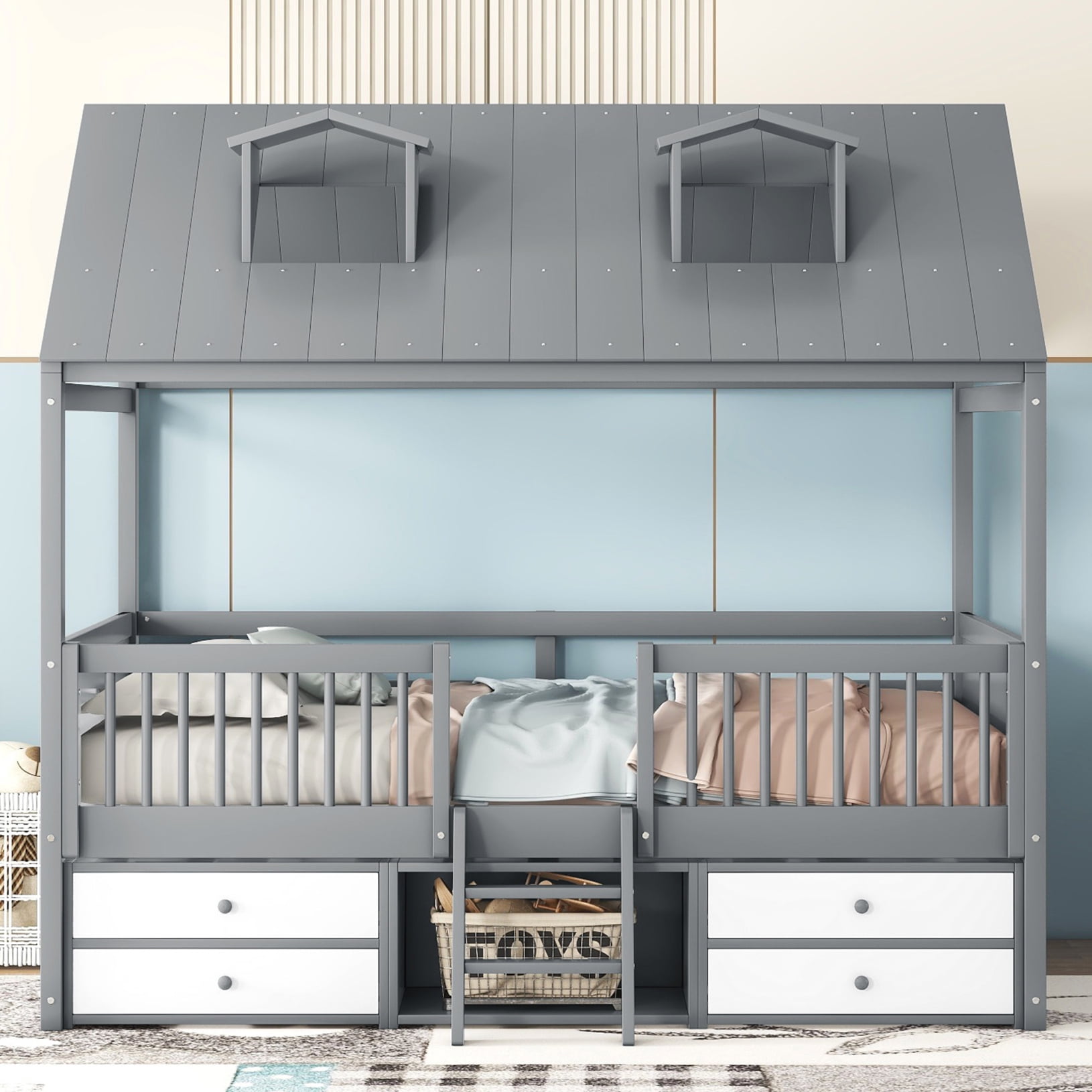 Full Size House Bed with 4 Drawers, Pine Wood House Bed Frame with ...