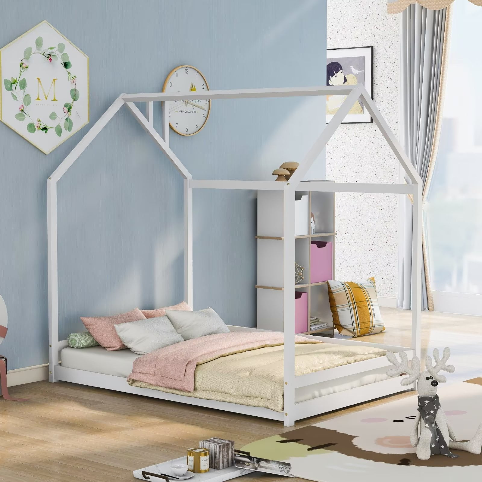Full Size House Bed with Roof Frame, Solid Wood Floor Bed Frame with ...