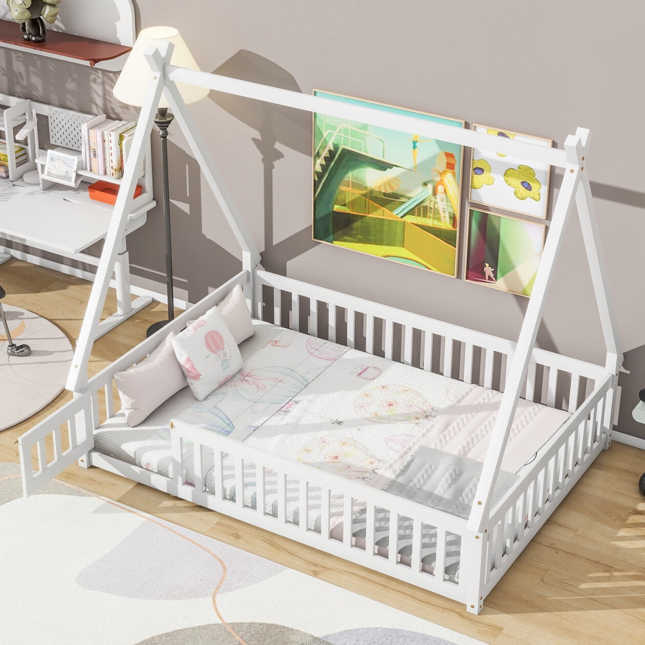 Full Size House Floor Bed for Toddlers Kids Girls Boys, Wooden ...