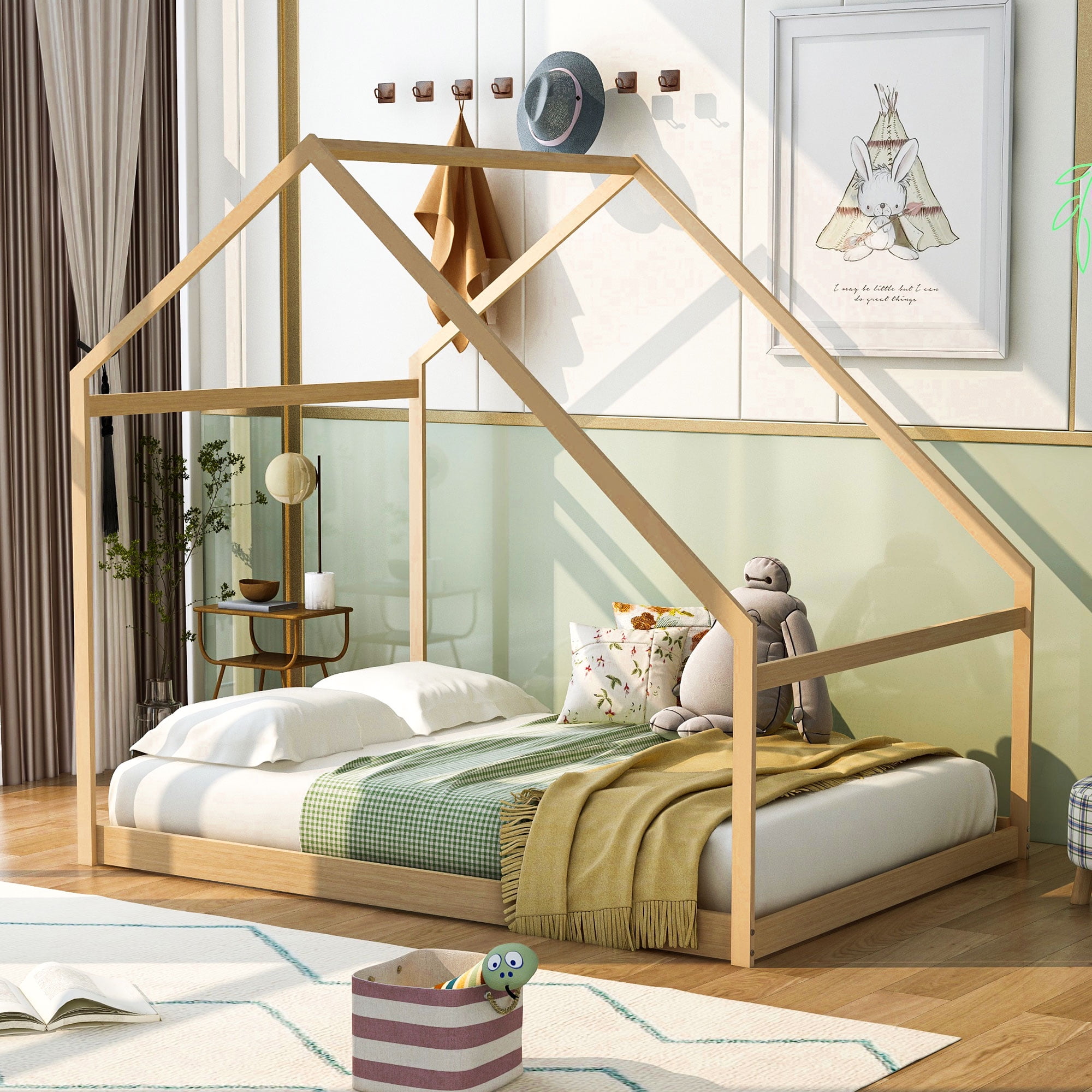 Full Size House Platform Bed with Headboard, Wooden Platform Bed Frame ...