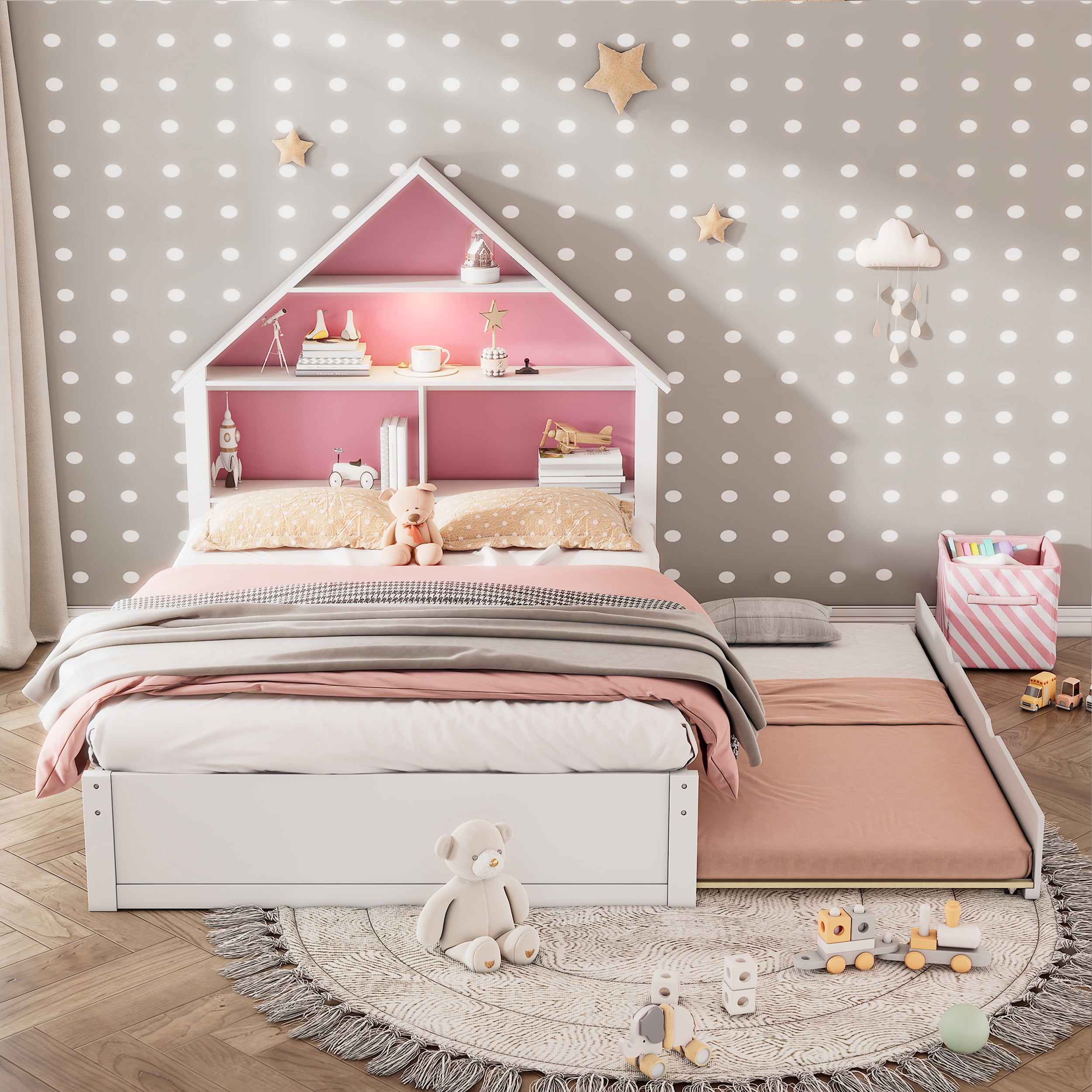 Full Size House-Shaped Bed With Bookcase Headboard And Led Light And ...