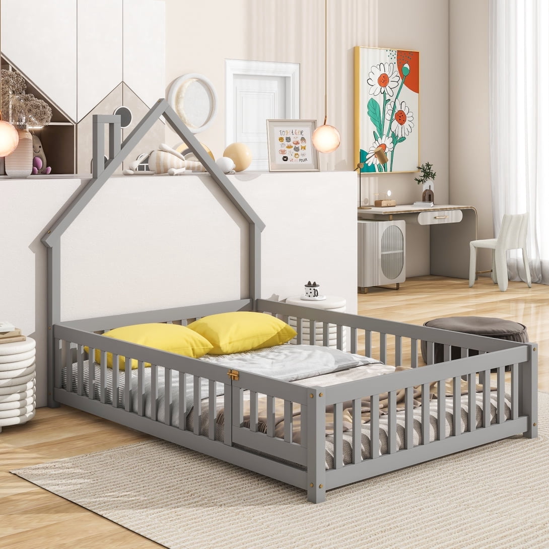 Full Size House-Shaped Headboard Floor Bed with Safety Guardrail,Solid ...