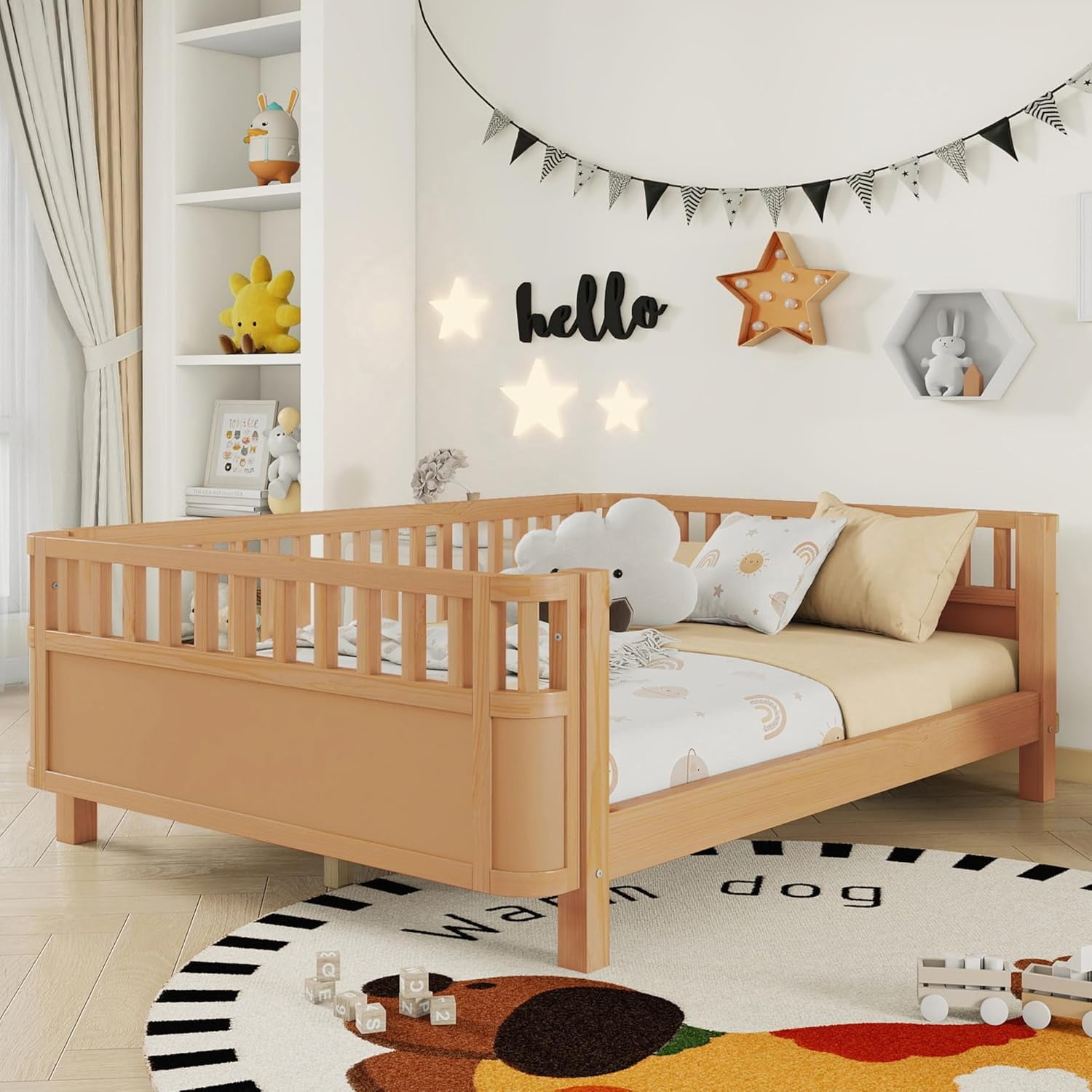 Full Size Kid Bed with Rails,Wooden Kids Day Bed with Detachable Safety ...