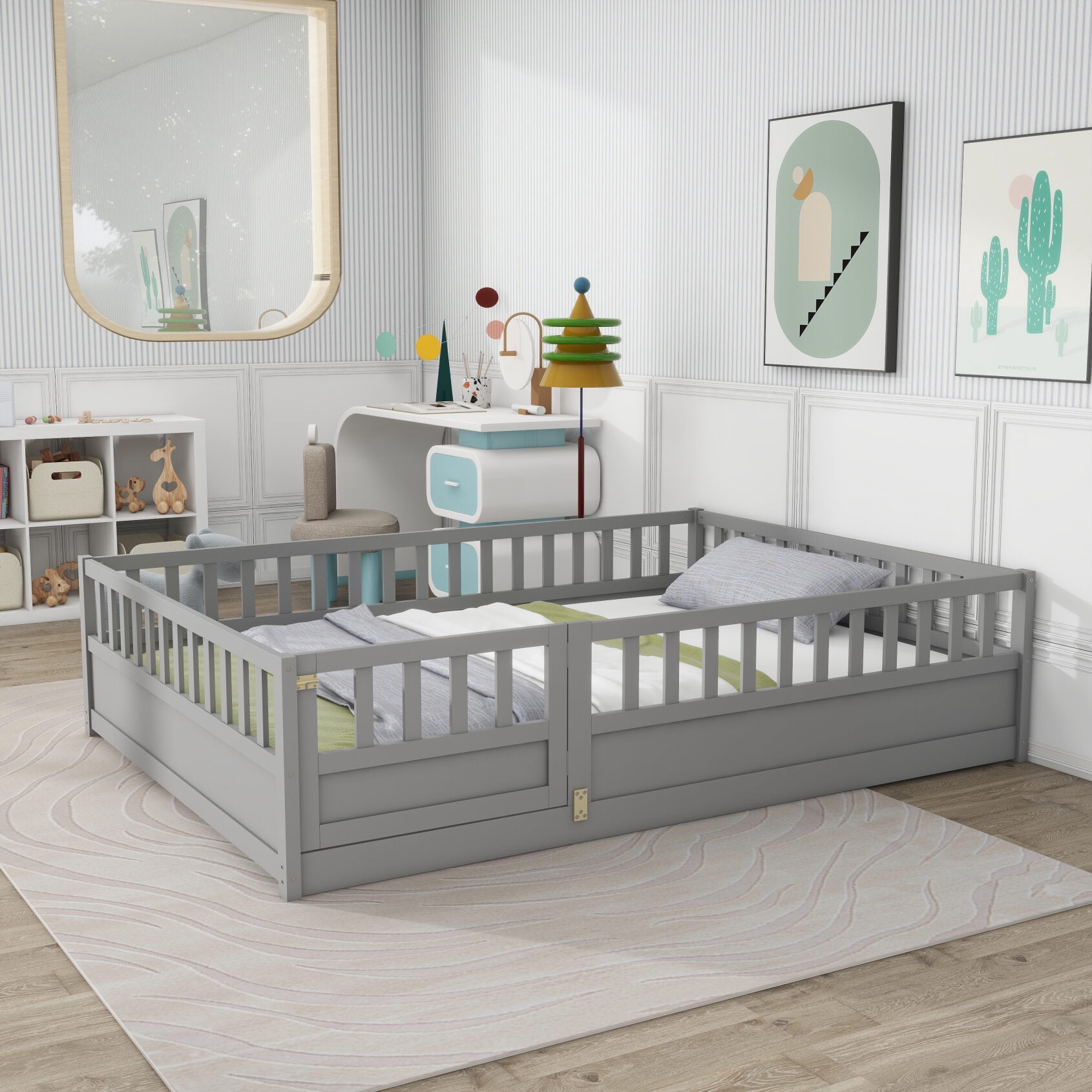 Full Size Kids Floor Bed, Wooden Montessori Floor Bed Frame with Safety ...