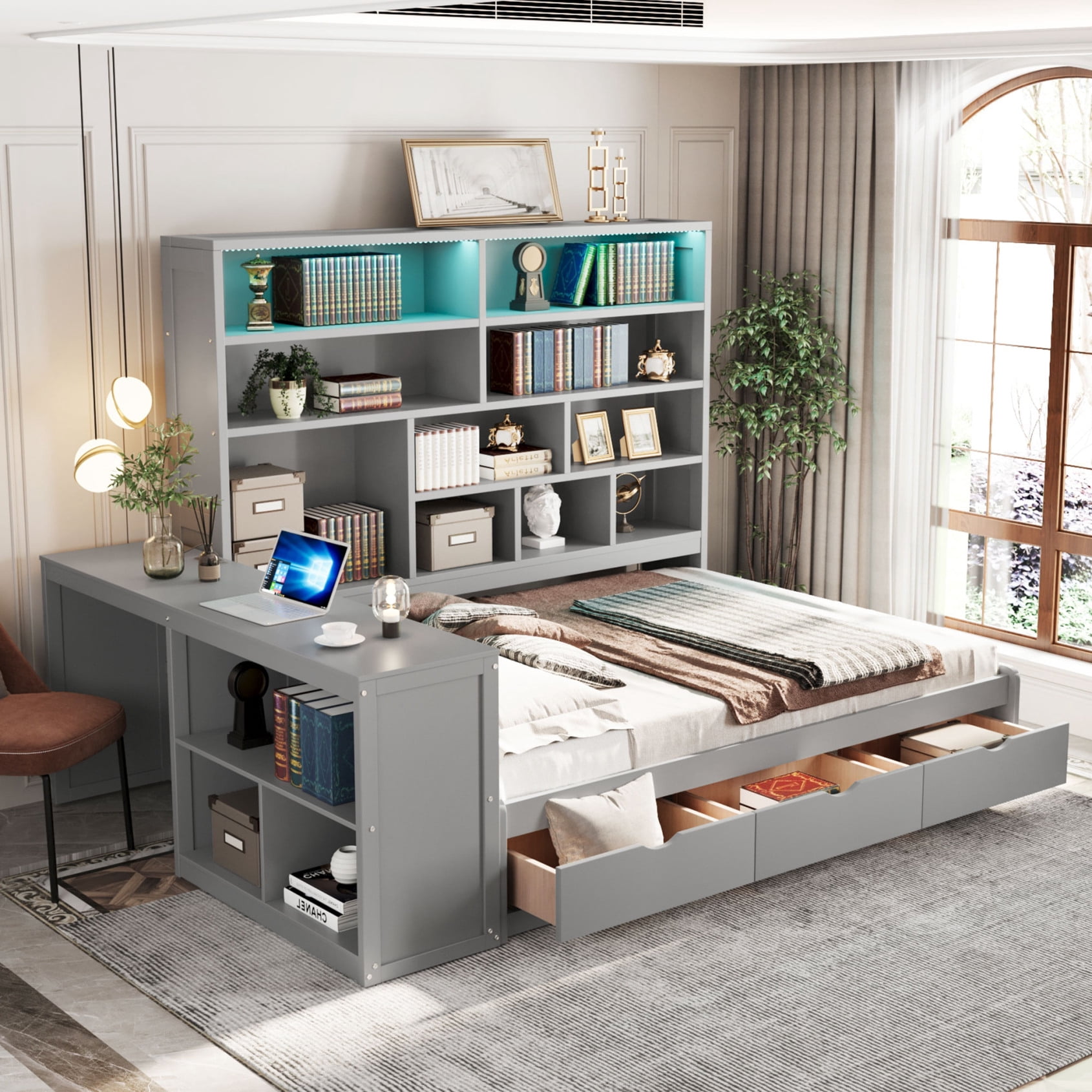 Full Size L-Shaped Daybed with Desk, Charging Station and Lights ...