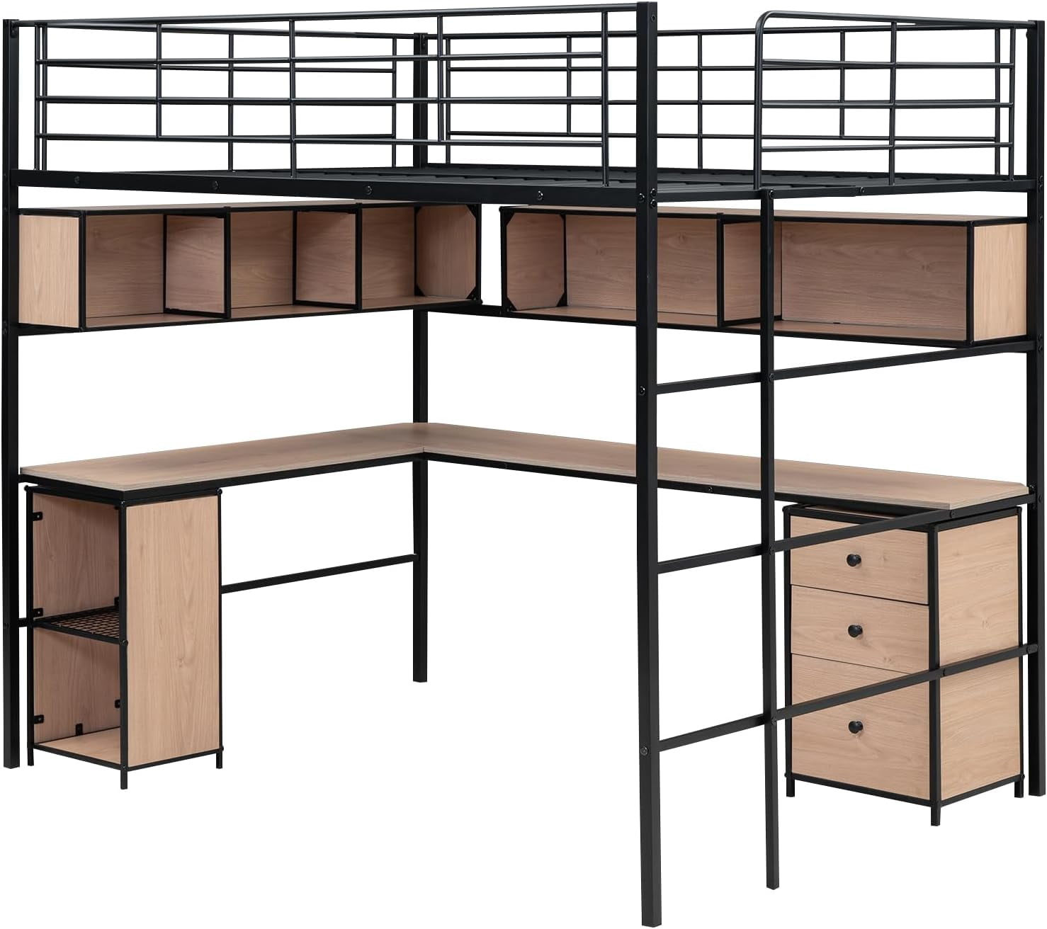 Full Size L Shaped Loft Bed with Desk and Shelves, Metal Loft Bed Frame ...