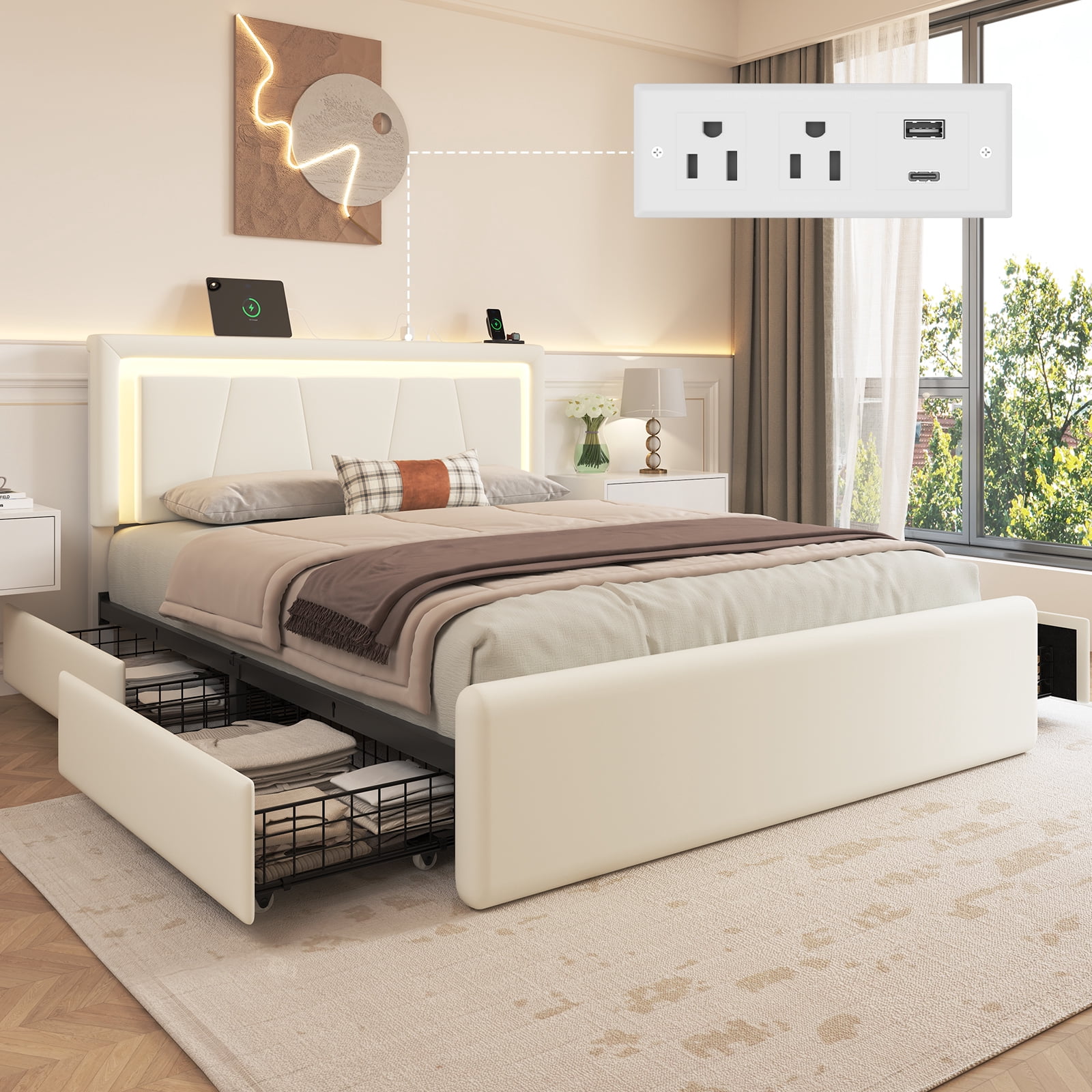Full Size LED Bed Frame with 4 Storage Drawers and Charging Station ...