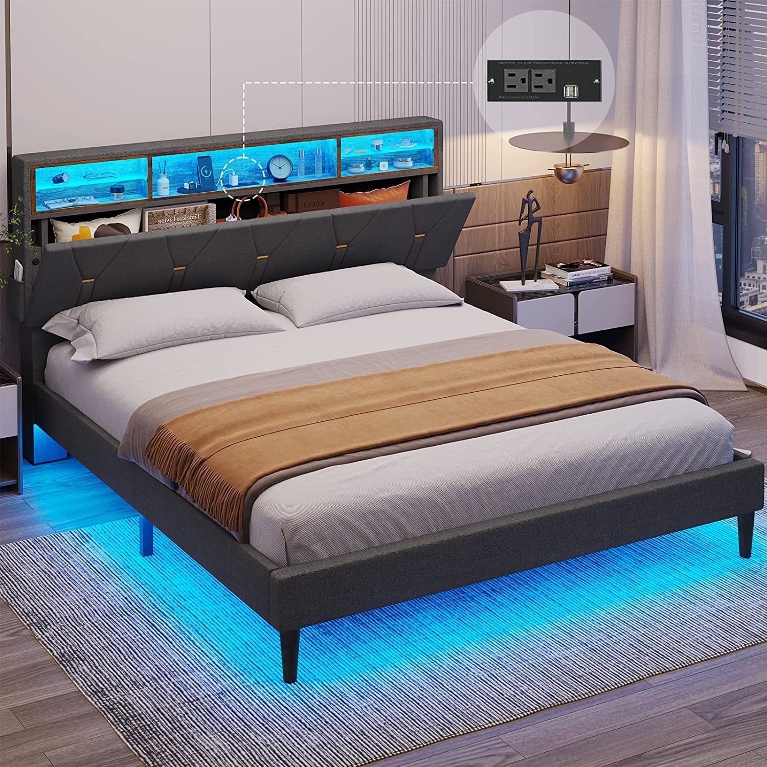 LED Upholstered Full-Size Bed Frame with USB Ports, Storage Headboard ...