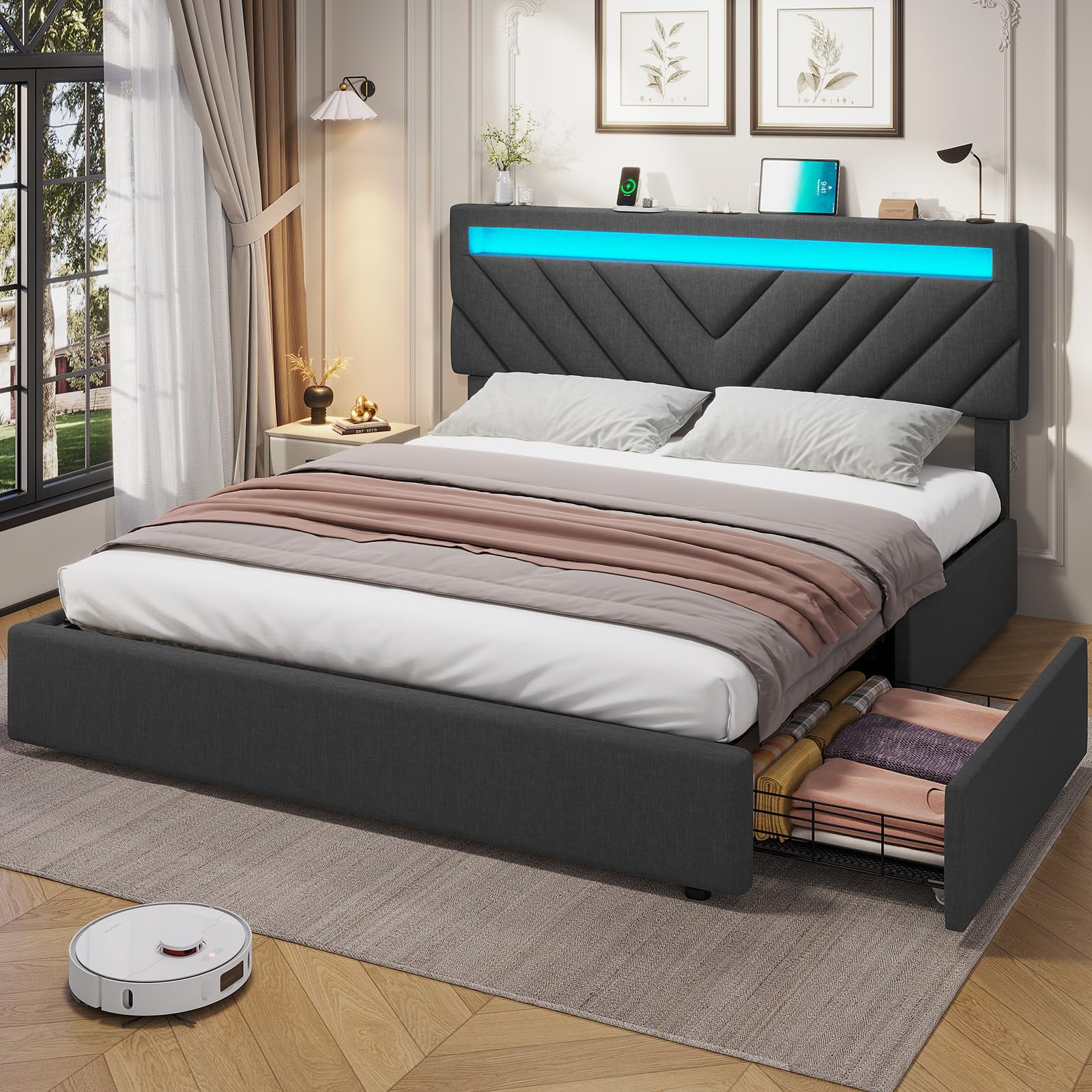 Full Size LED Bed Frame with Upholstered Headboard, Platform Bed Frame ...
