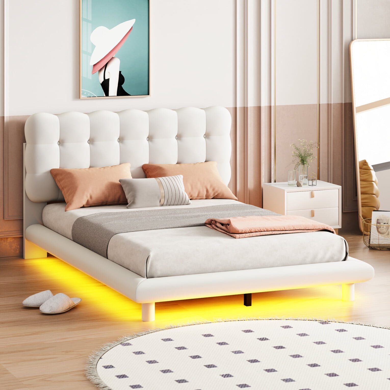 Full Size LED Bed Frame, Velvet Upholstered Platform Bed Frame with ...