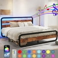 Full Size Iron Bed Frame with LED, Wooden Headboard, Heavy Duty Metal ...