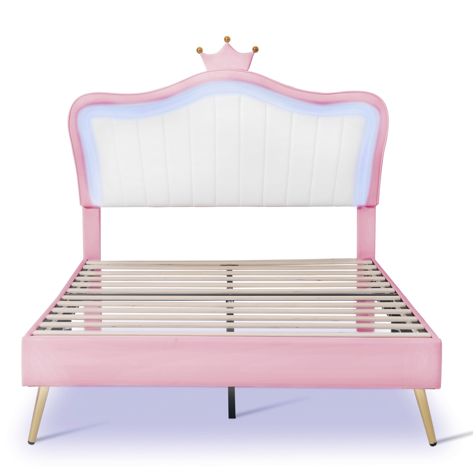 Full Size LED Platform Bed Frame, Upholstered Platform Bed with Crown ...