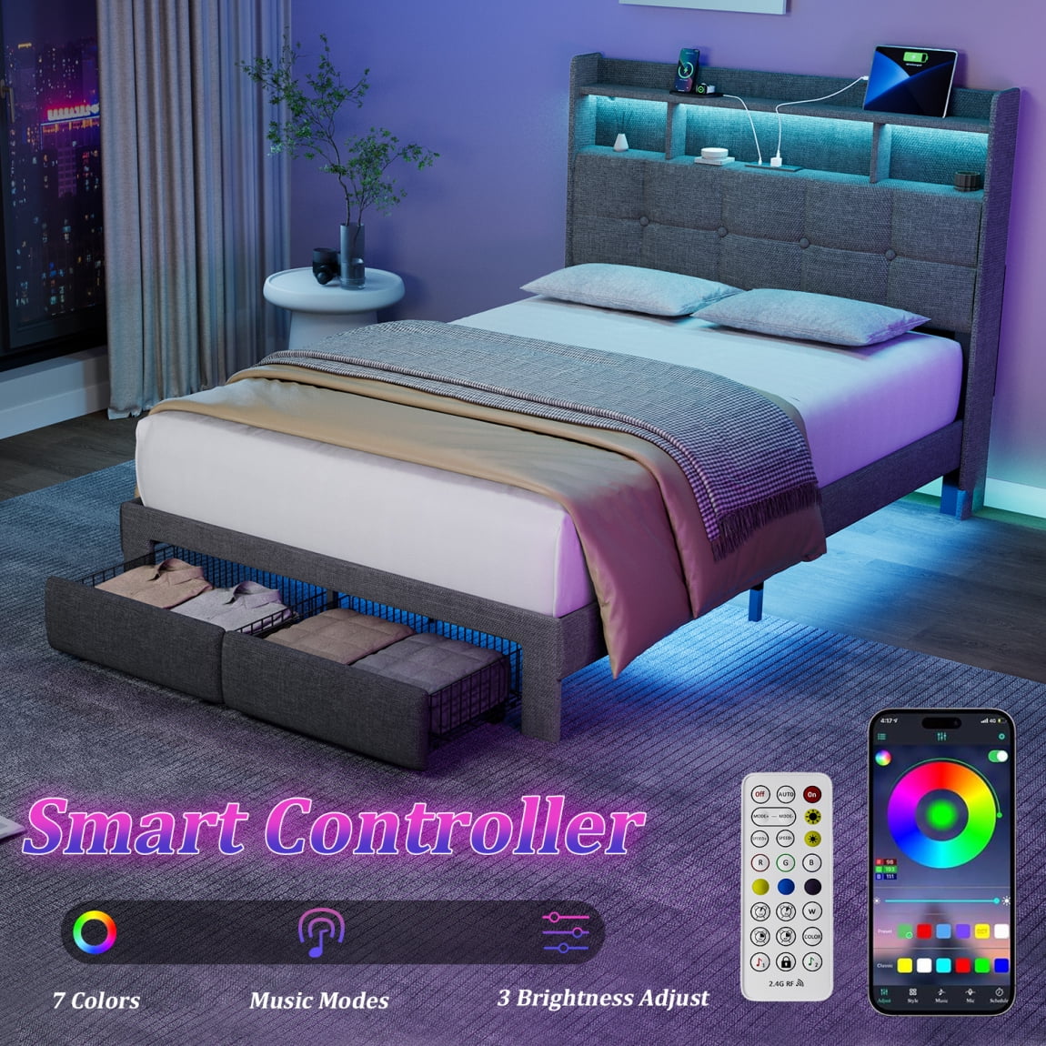 Full Size LED Upholstered Bed Frame with Headboard and 2 Storage ...