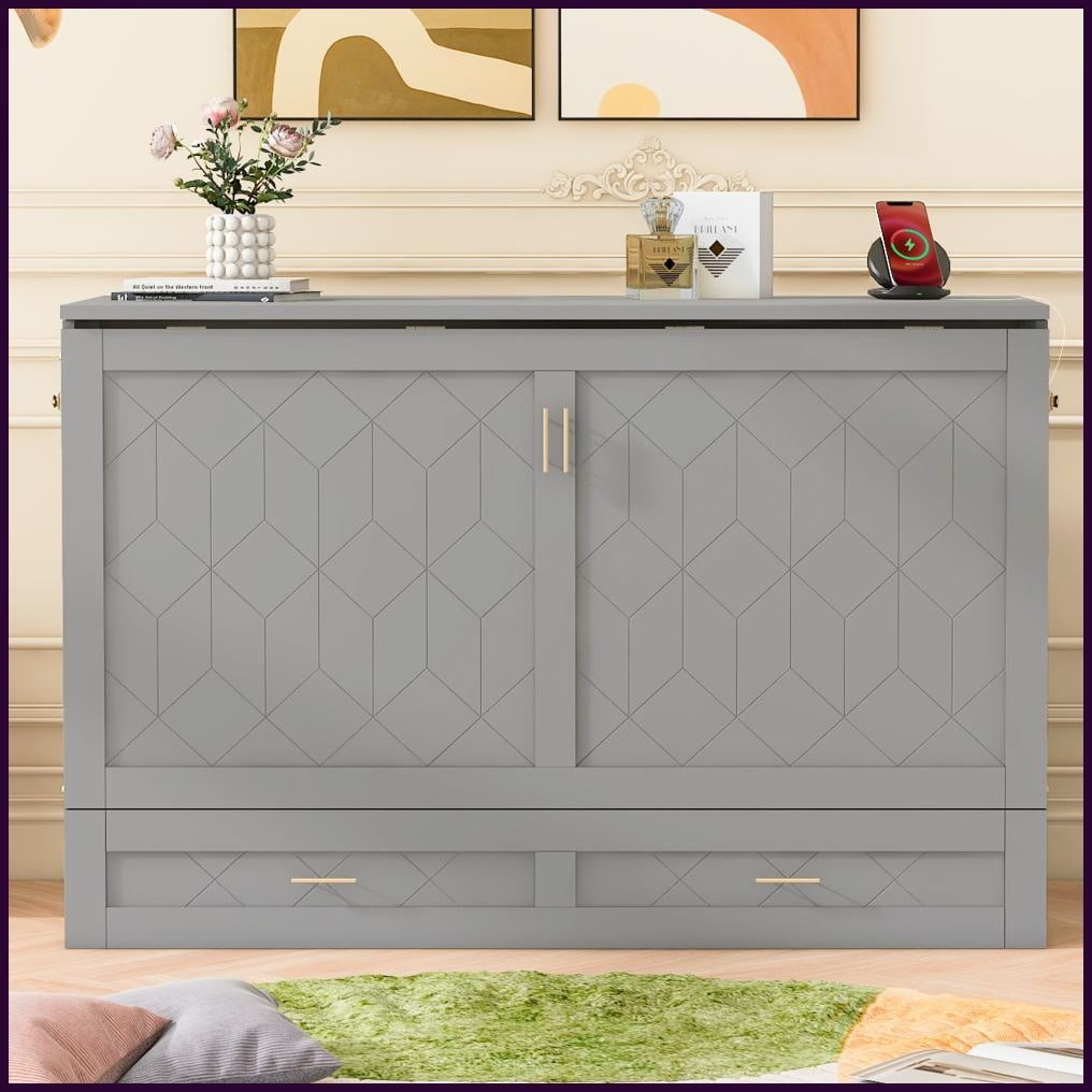 Full Size LVL+MDF Murphy Wall Bed with Drawer, Sockets & USB Ports ...