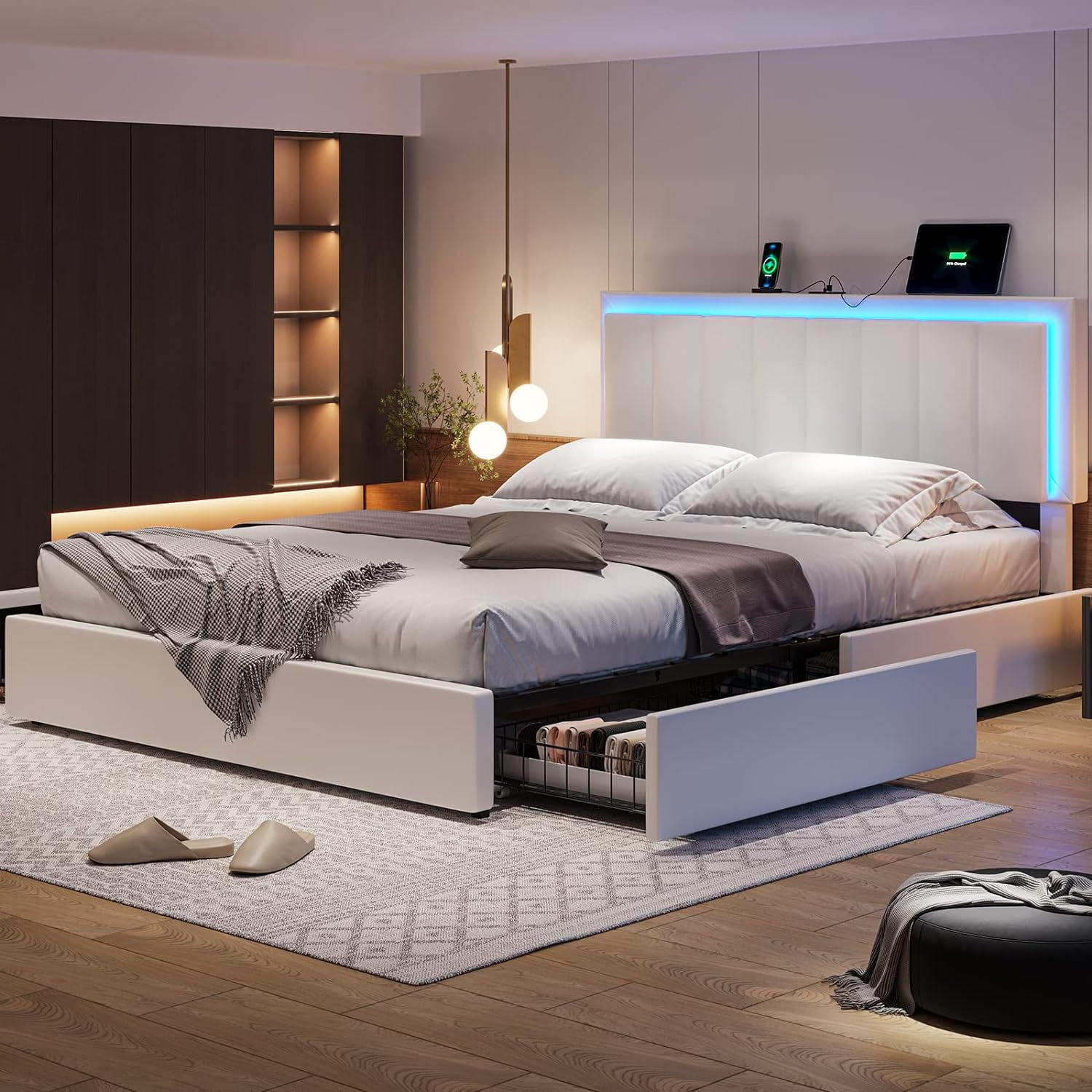 Full Size Led Bed Frame with 1 Type-C&1 USB Port&LED Lights Modern Faux ...