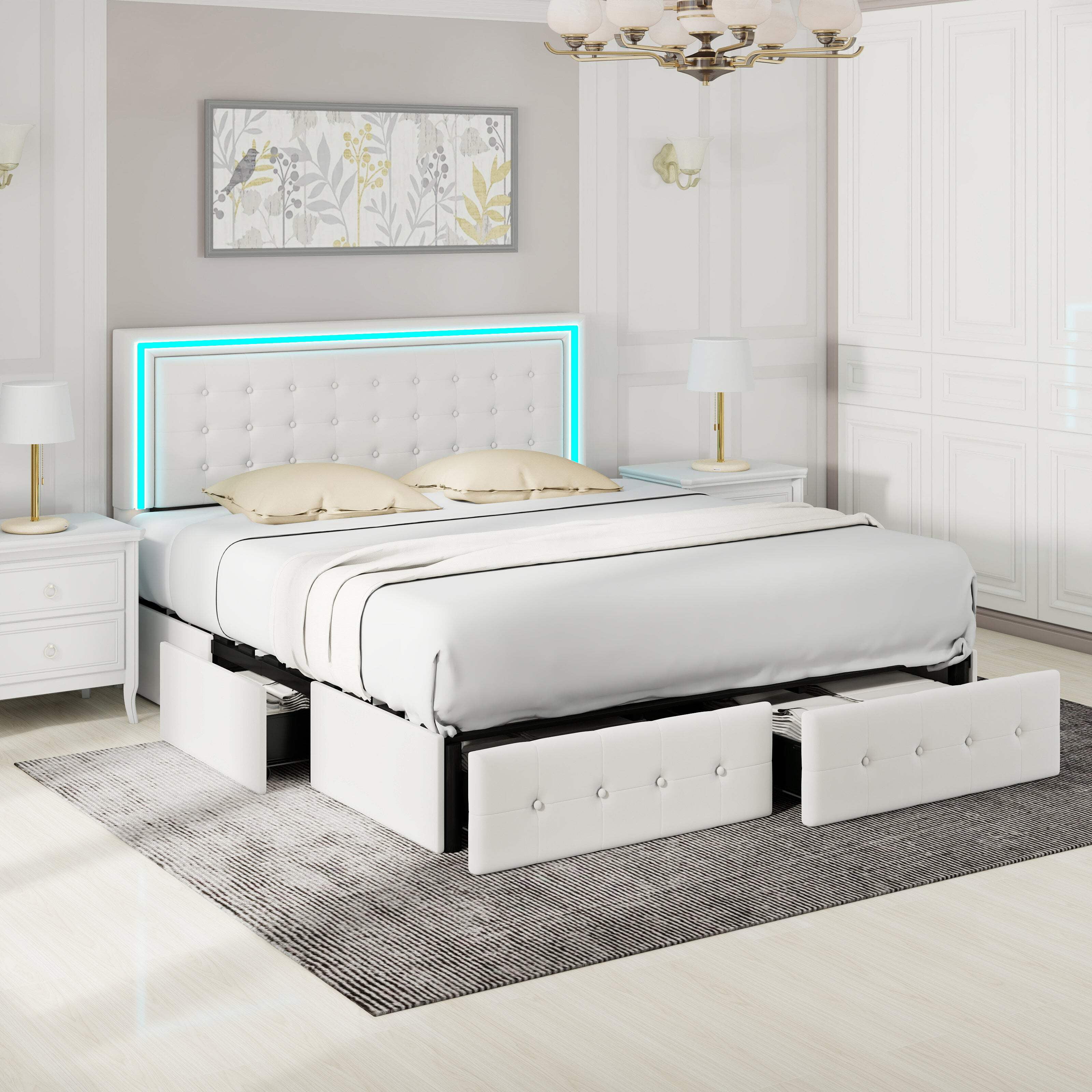 Full Size Led Bed Frame With 4 Storage Drawers, Smart Control Rgb Led ...
