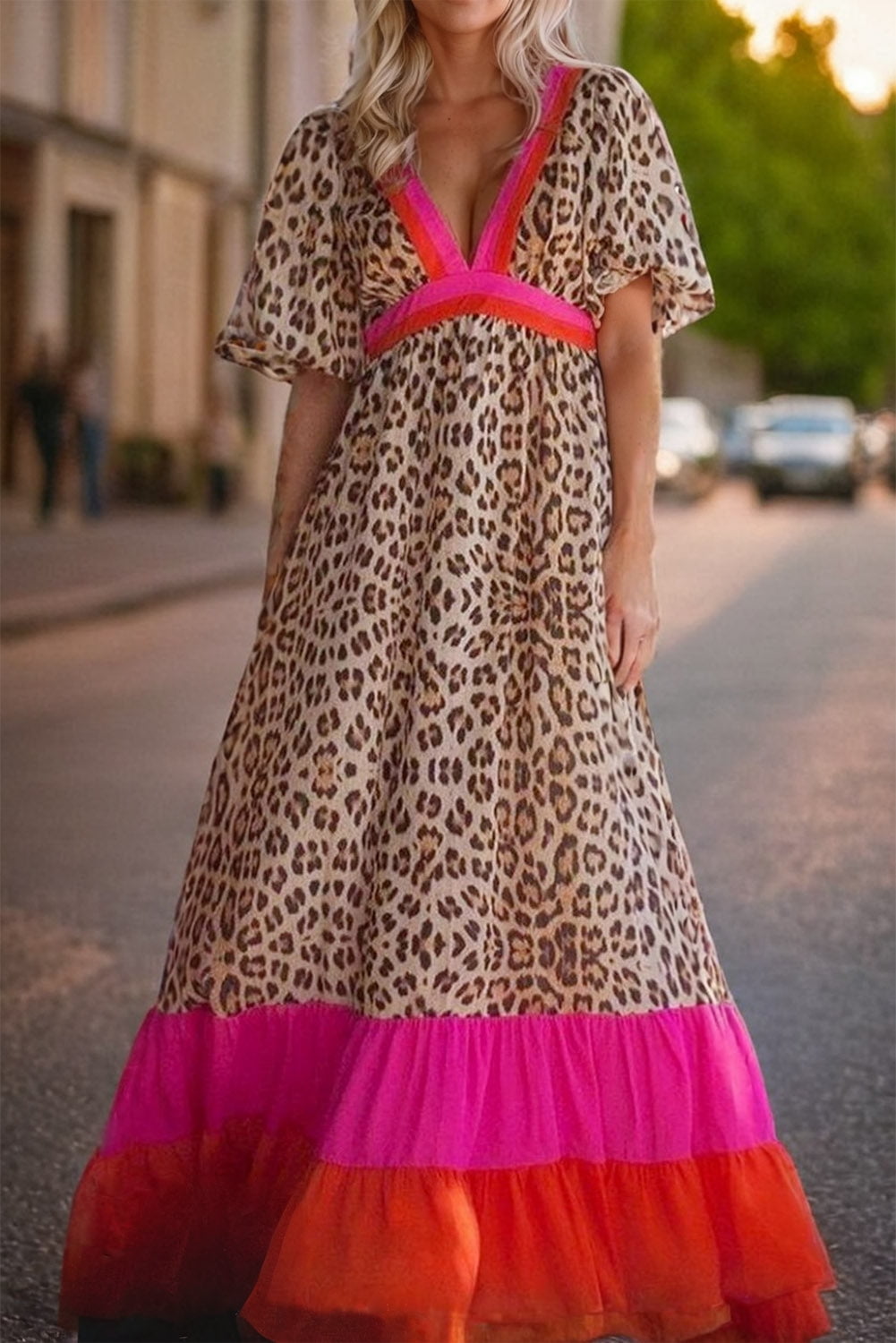 Full Size Leopard V-Neck Half Sleeve Maxi Dress - Walmart.com