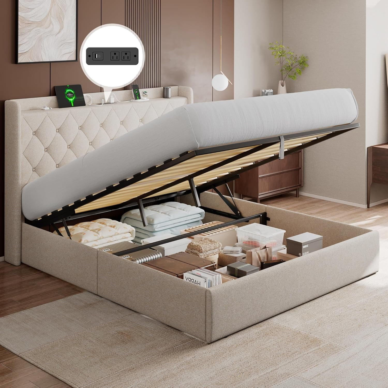 Full Size Lift up Storage Bed Frame with Charging Station, Upholstered ...