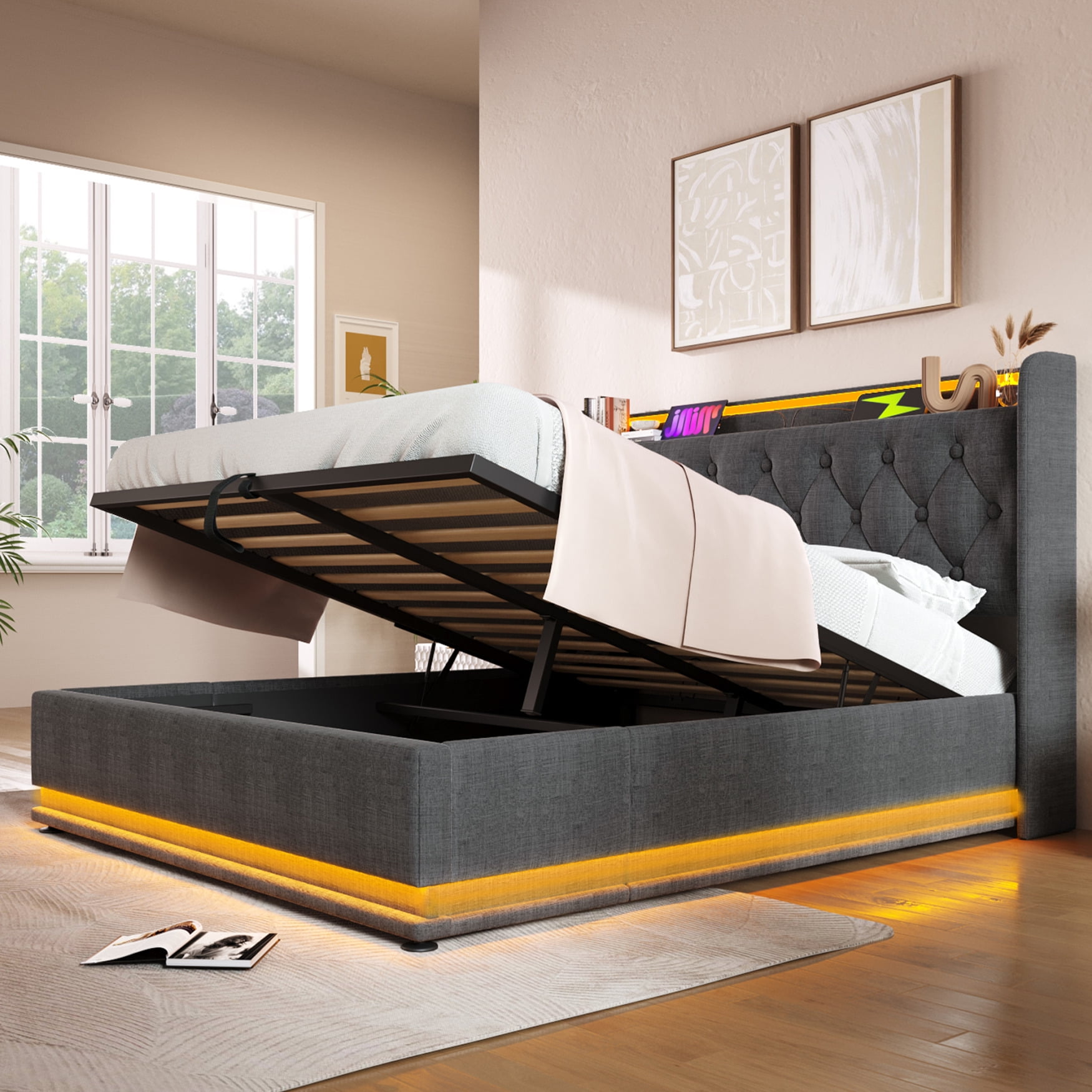 Full Size Lift Up Storage Bed, Upholstered Platform Bed Frame with ...