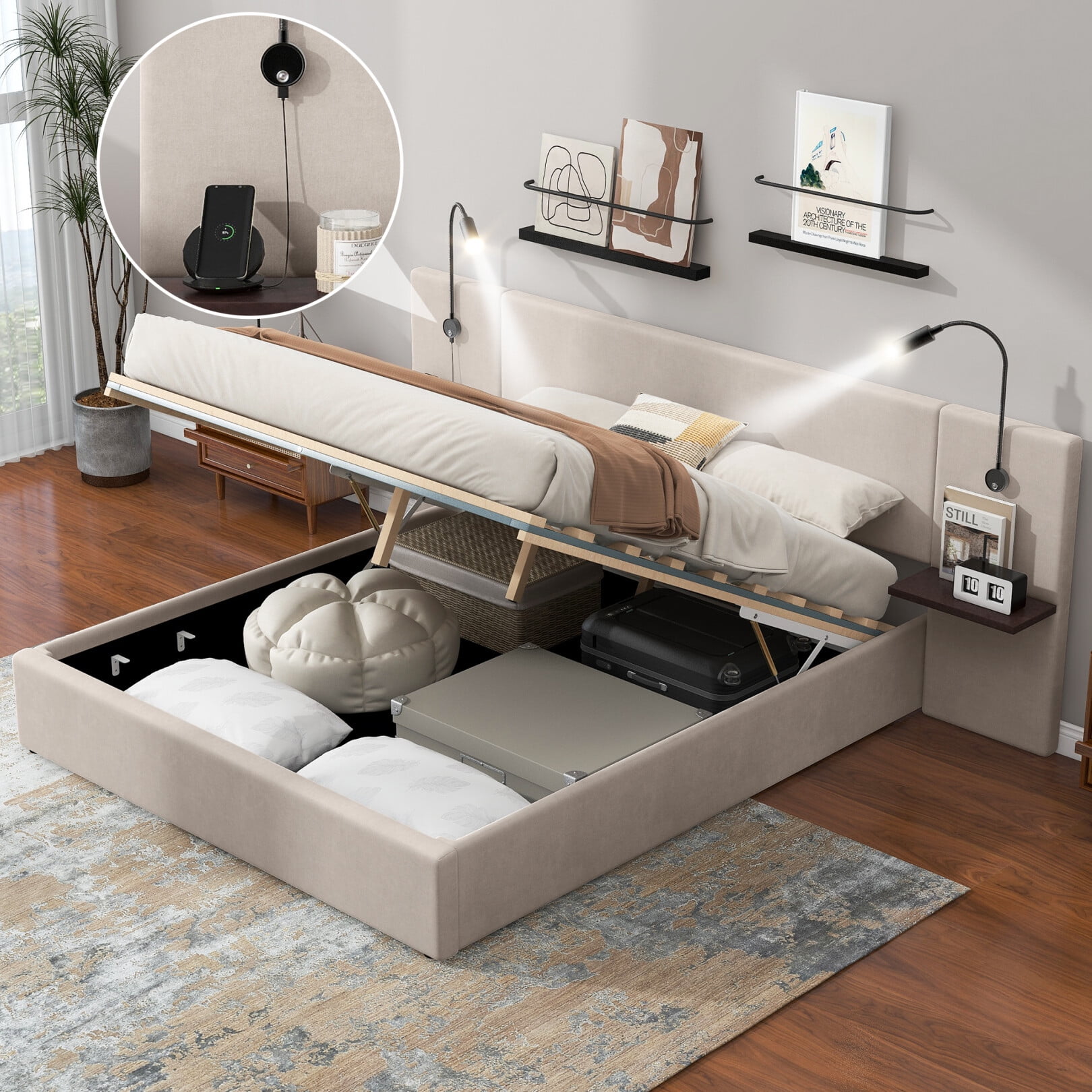Full Size Lift Up Storage Bed with 2 Light and USB Ports, Upholstered ...