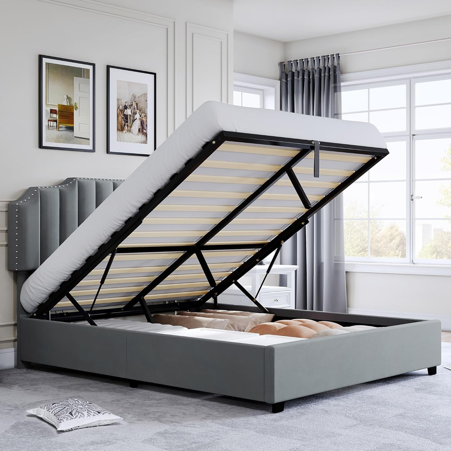 Full Size Lift Up Storage Bed Frame with Adjustable Upholstered ...