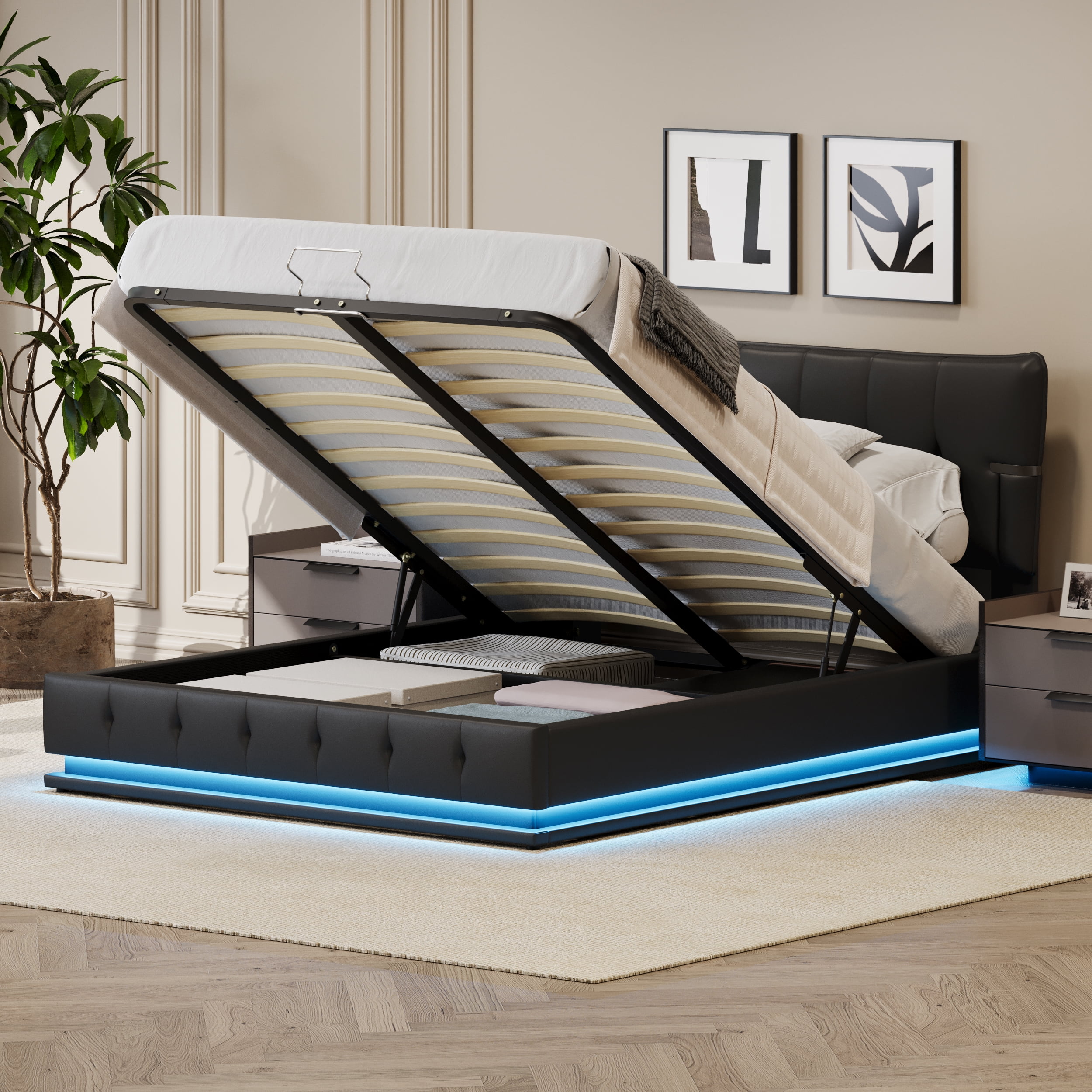 Full Size Lift-Up Storage Bed Frame with LED Lights, Velvet Upholstered ...