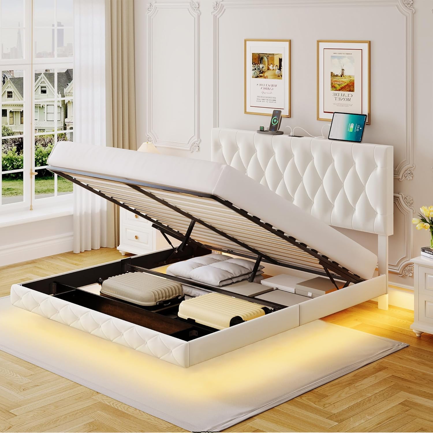 Full Size Lift Up Storage Bed Frame with Led Lights & Charging Station ...