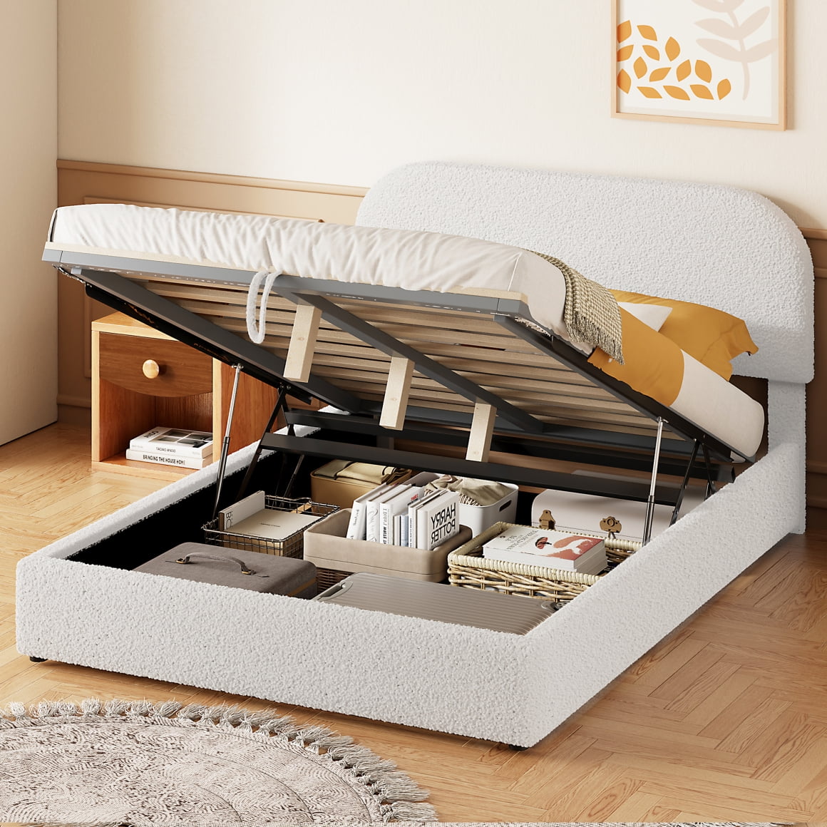 Full Size Lift Up Storage Bed Frame, Teddy Fleece Upholstered Platform ...