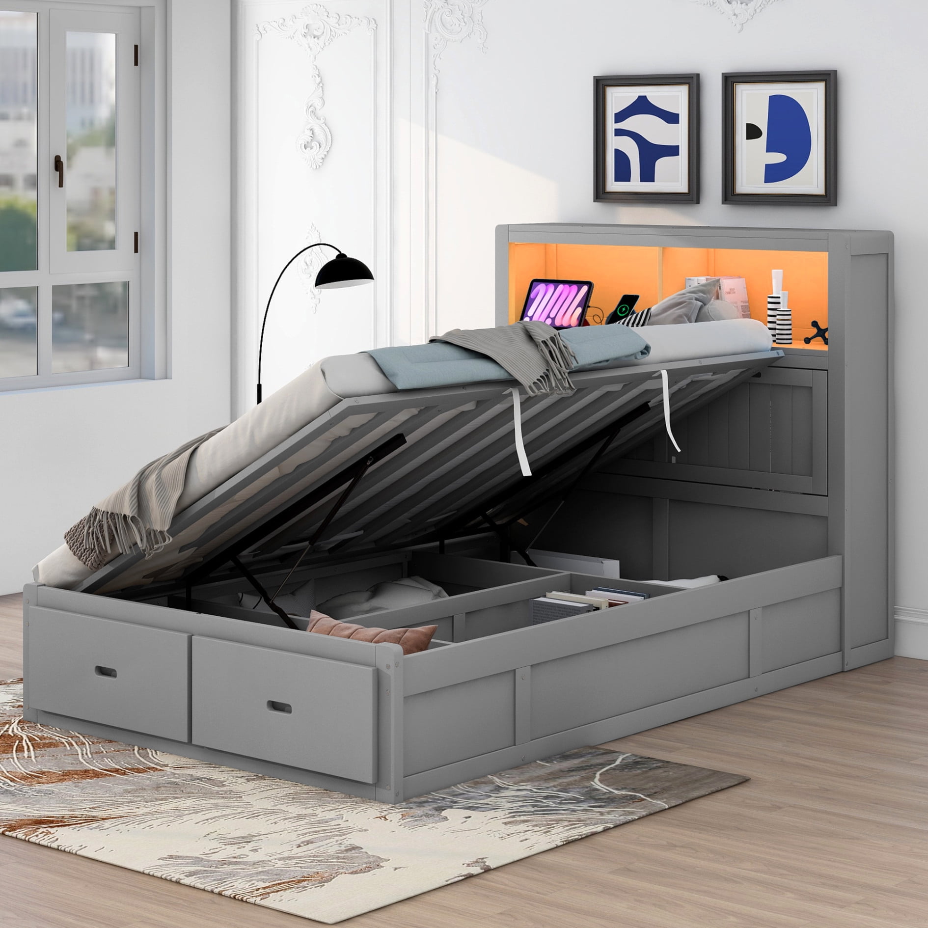 Full Size Lift Up Storage Bed with Storage LED Headboard, Sockets & USB ...
