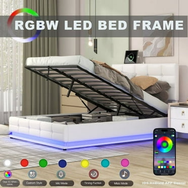 Full Size LED Bed, Velvet Platform Bed, Lift Storage Bed with LED light ...