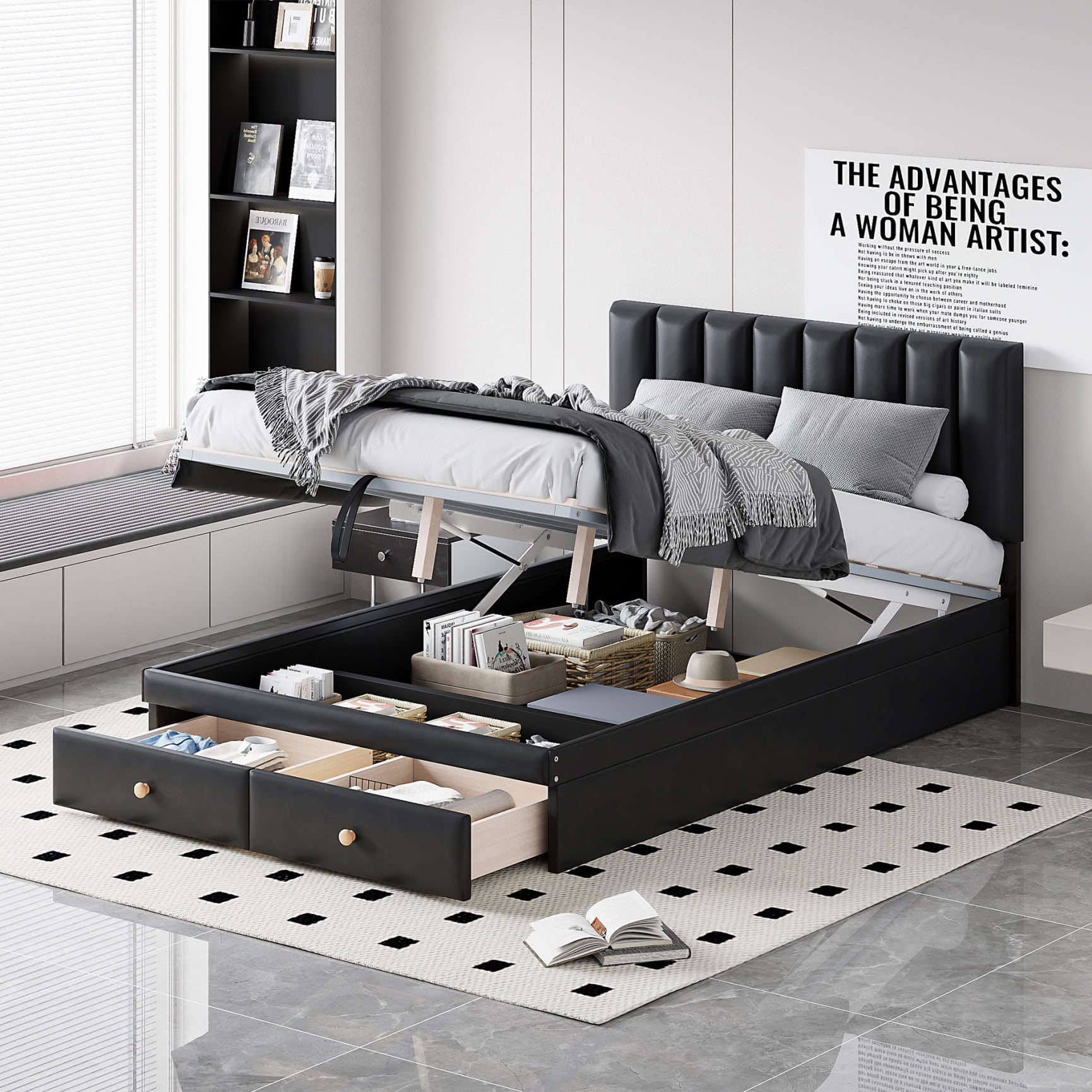 Full Size Lift Up Storage Bed, Leather Upholstered Platform Bed with ...