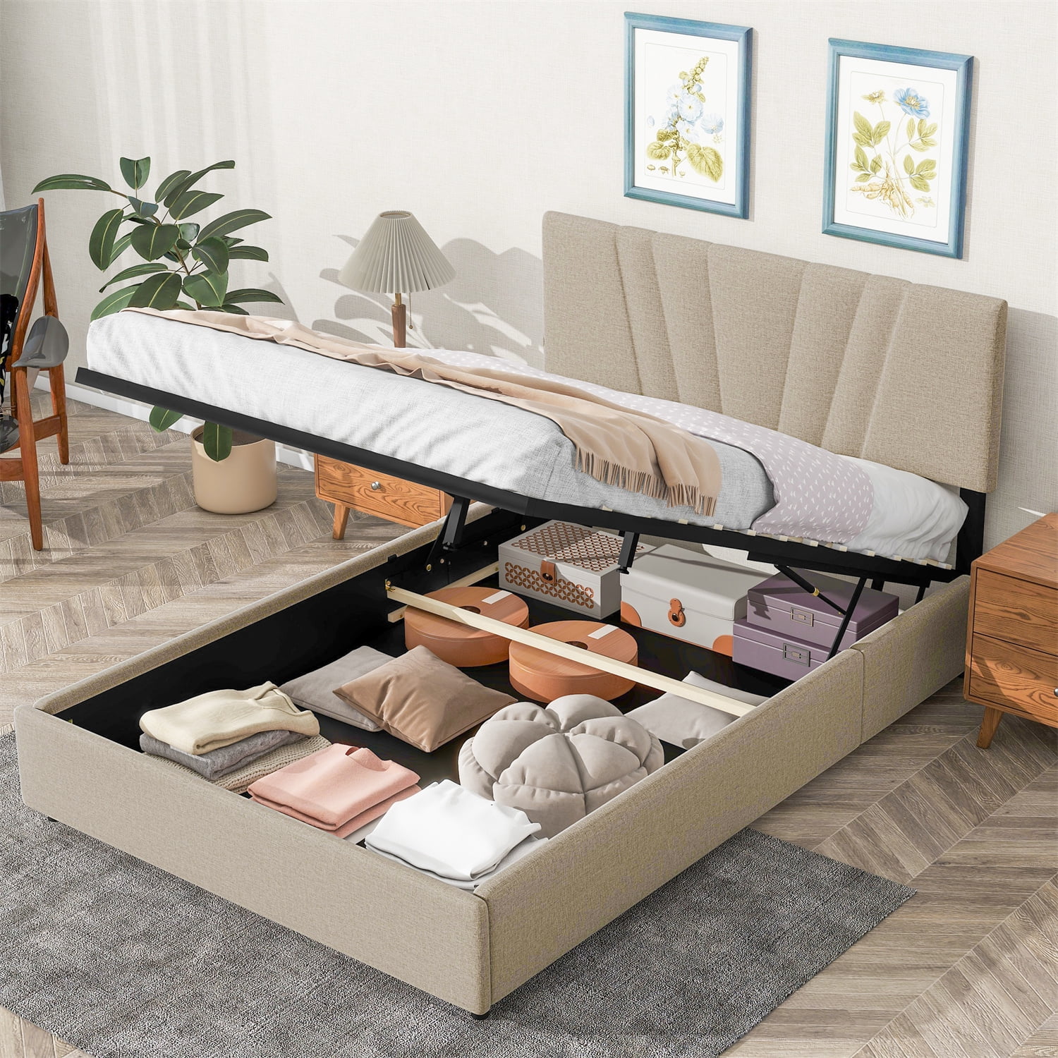 Full Size Lift Up Storage Bed, Upholstered Platform Bed Frame with with ...