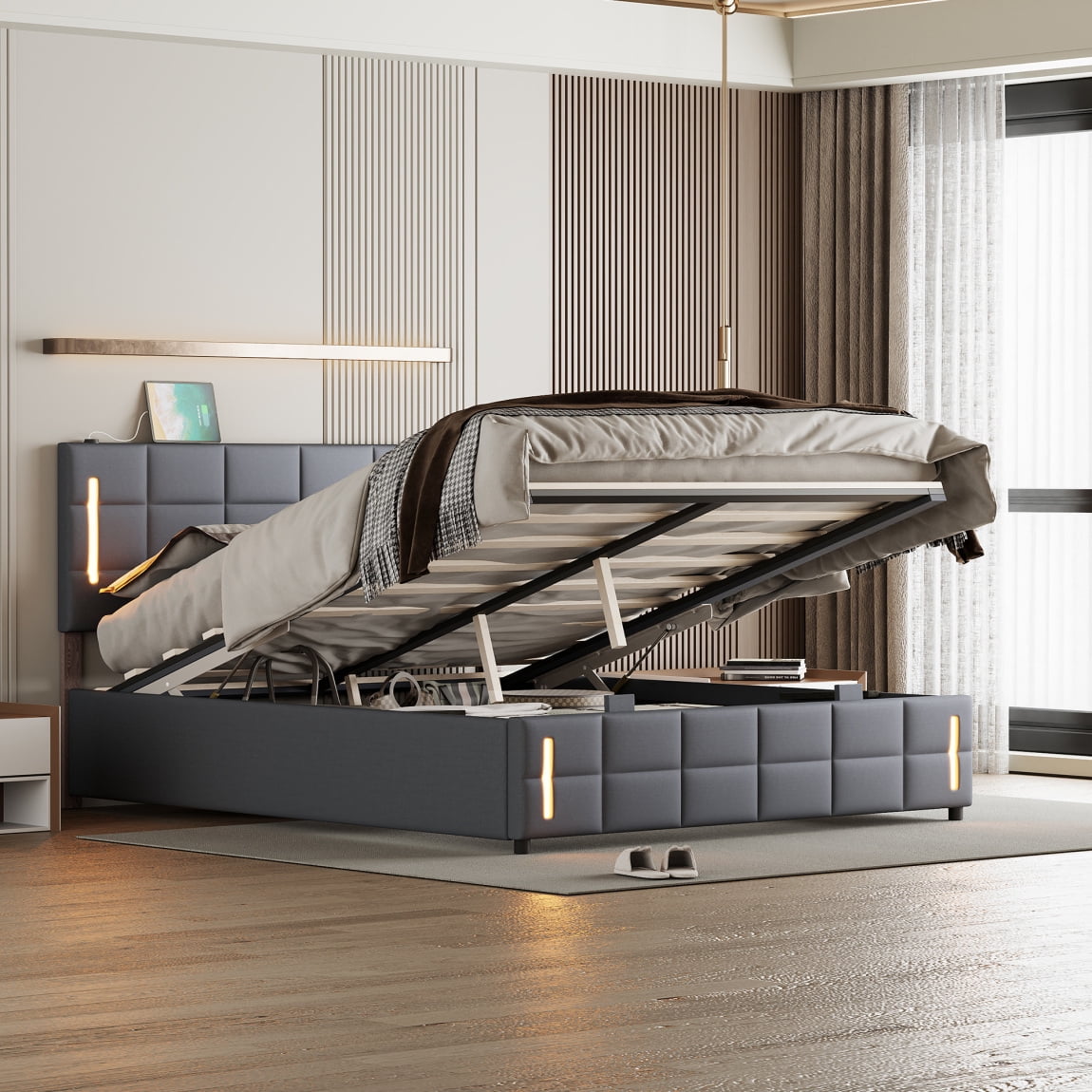 Full Size Linen Upholstered Hydraulic Storage System Bed, Modern ...