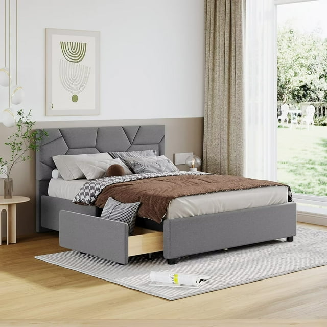 Full Size Linen Upholstered Platform Bed with 4 Drawers, Modern Bed ...