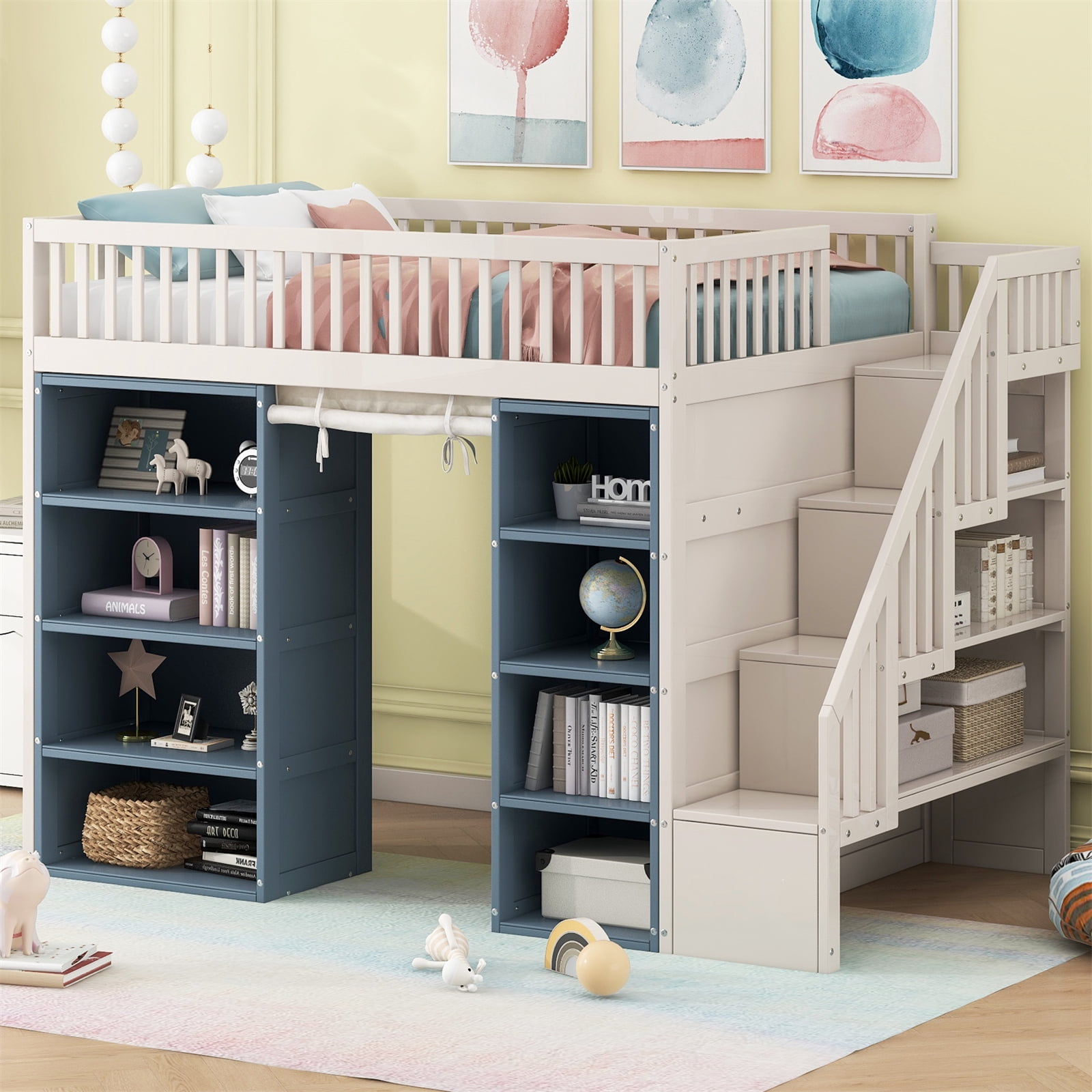 Full Size Loft Bed with 2 Four-layer Storage Cabinets and Curtain ...