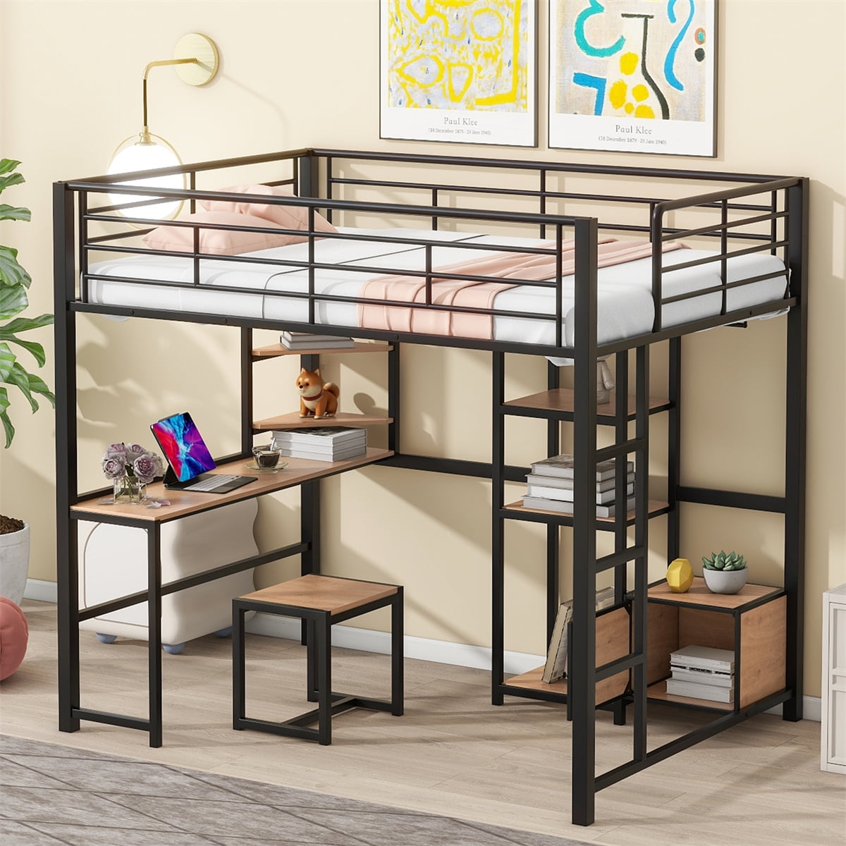 Full Size Loft Bed with 5 Shelves and Cabinet, Metal Loft Bed with Open ...